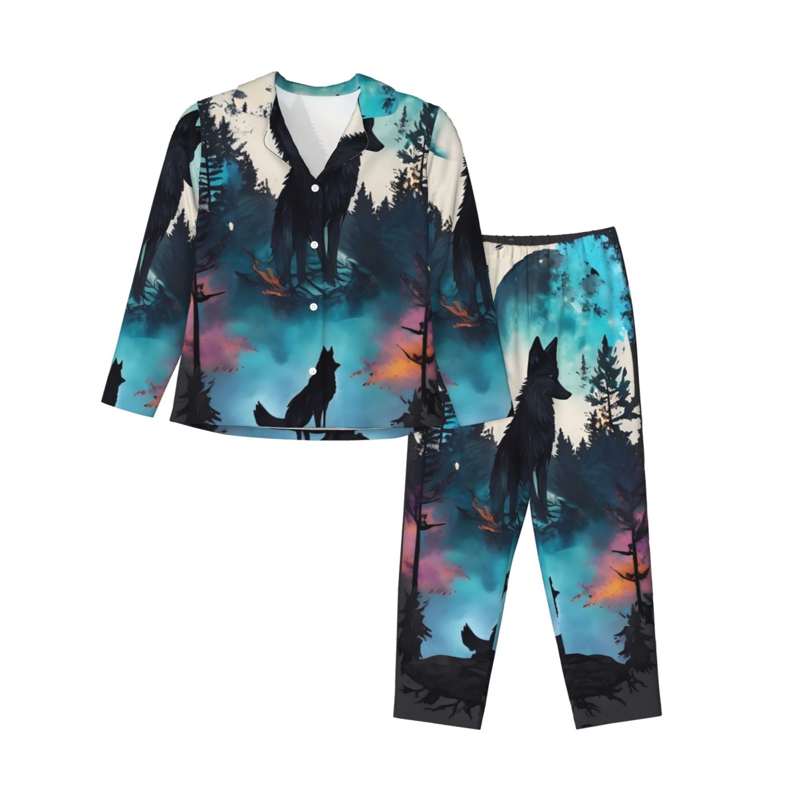Pofeuu Artistic Moon Valley Wolf Print Womens Pajamas Set Long Sleeve ...