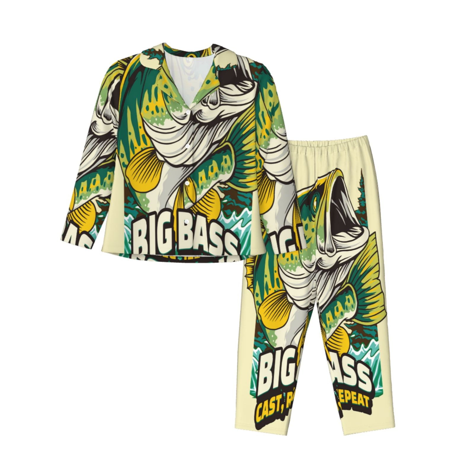Pofeuu Bass Fish and Water Print Womens Pajamas Set Long Sleeve ...