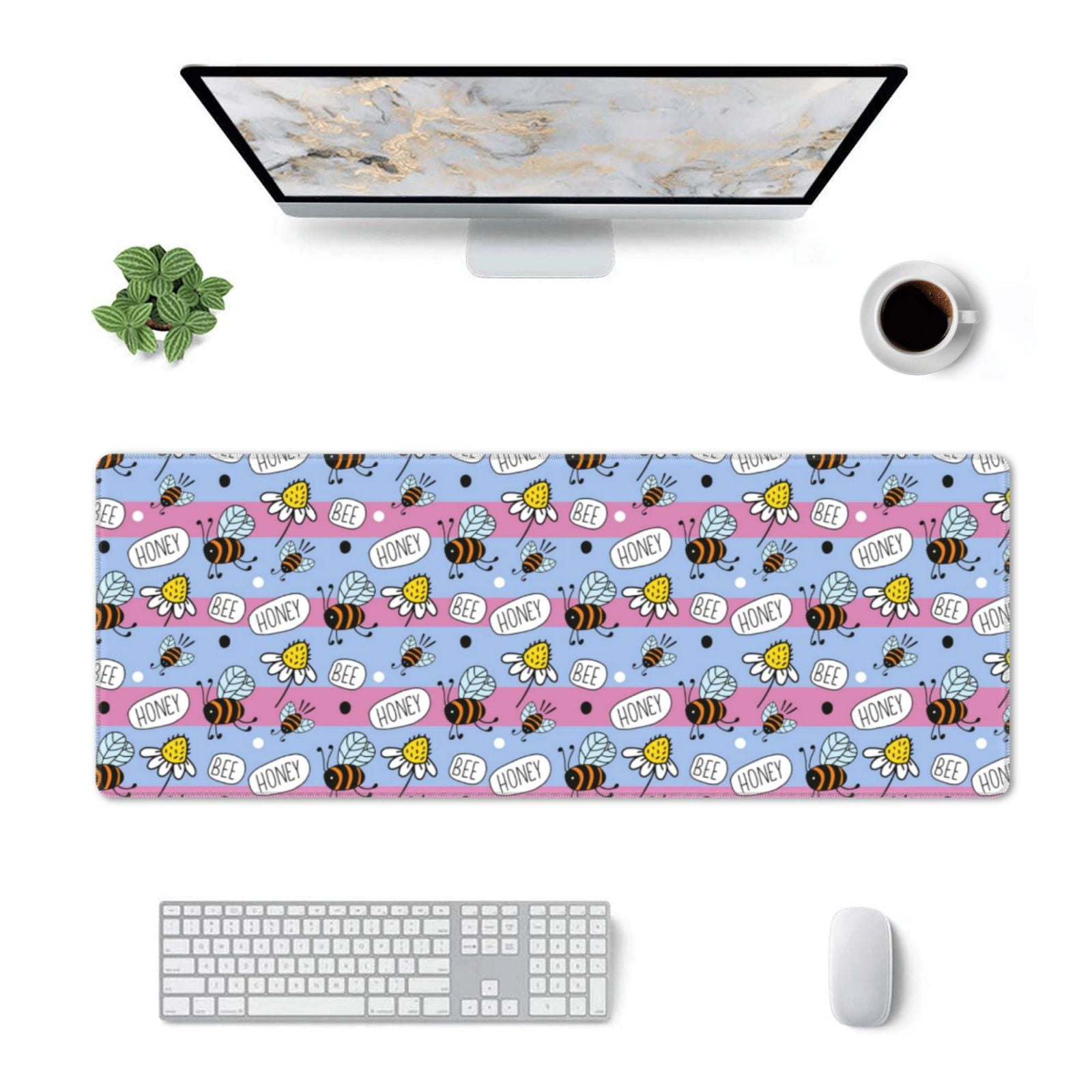 Pofeuu Bees And Daisies Striped Print Desk Mat for Keyboard and Mouse ...