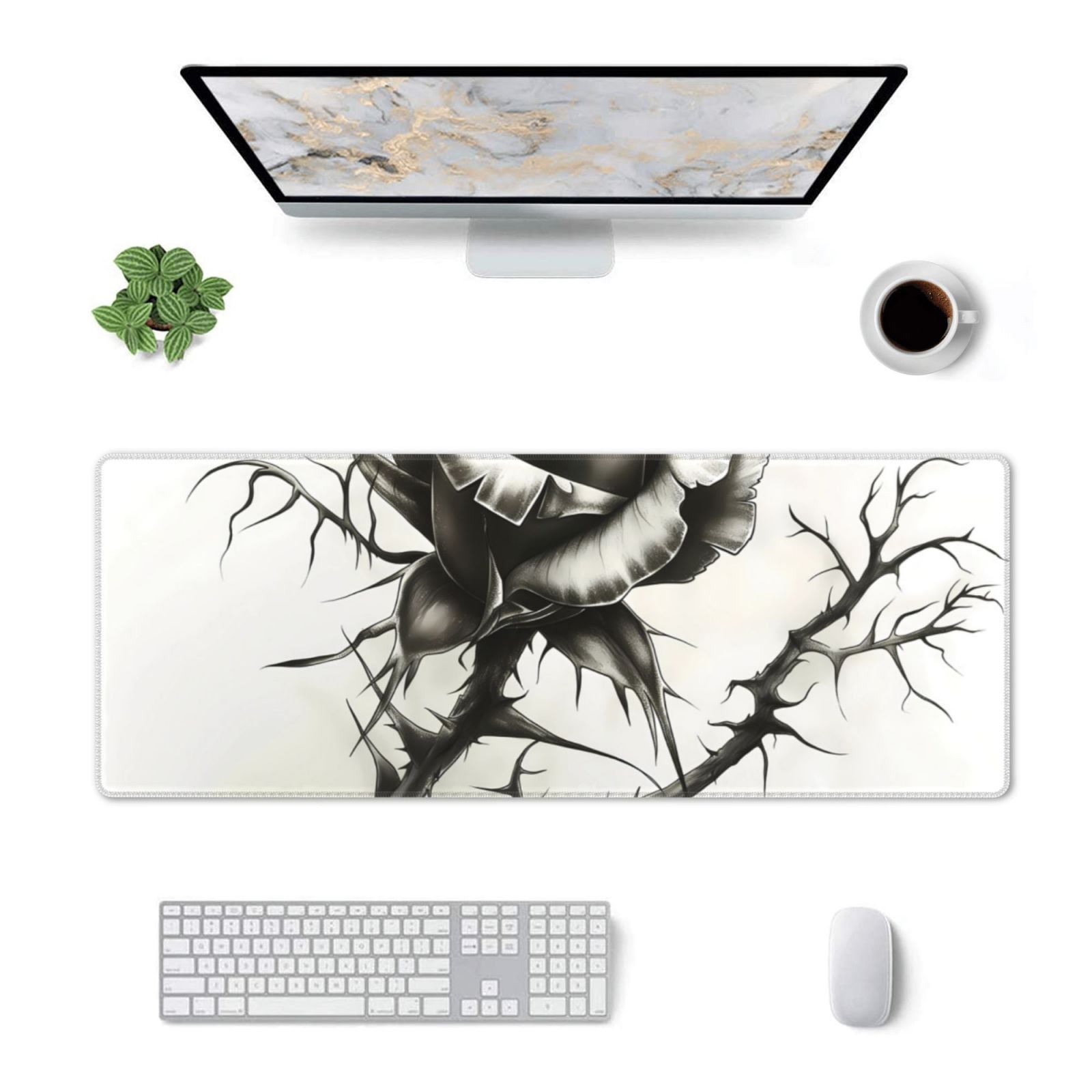Pofeuu Black And White Rose Print Desk Mat for Keyboard and Mouse ...