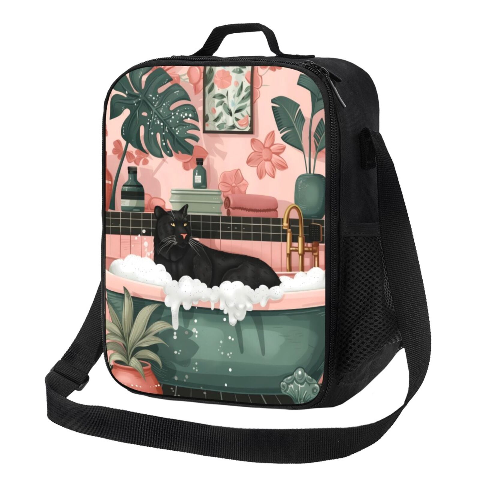 Tebeau Black Cat Pink Bathroom Print Lunch Box, Insulated Lunch Bag ...