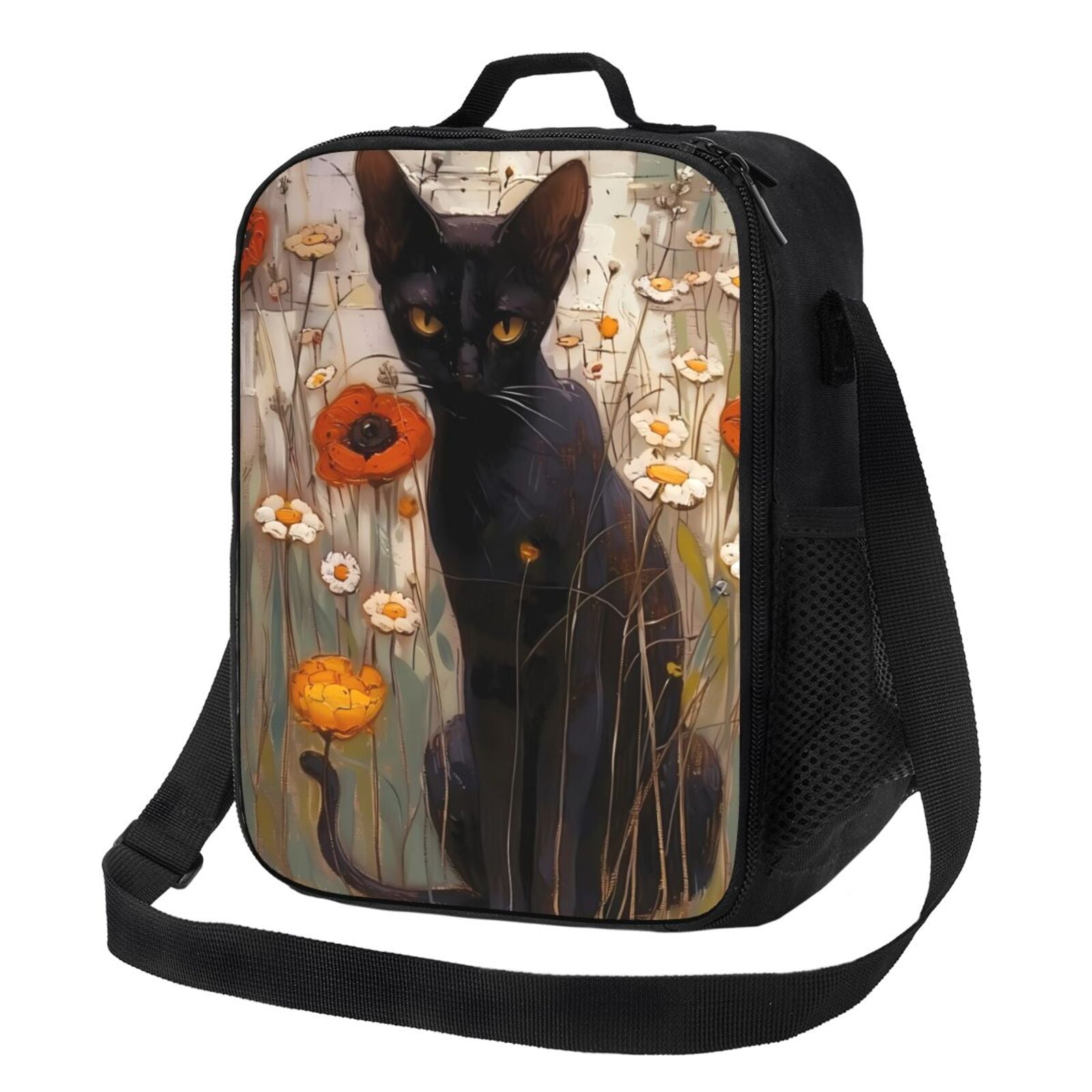 Tebeau Black Cat in Wildflowers Print Lunch Box, Insulated Lunch Bag ...