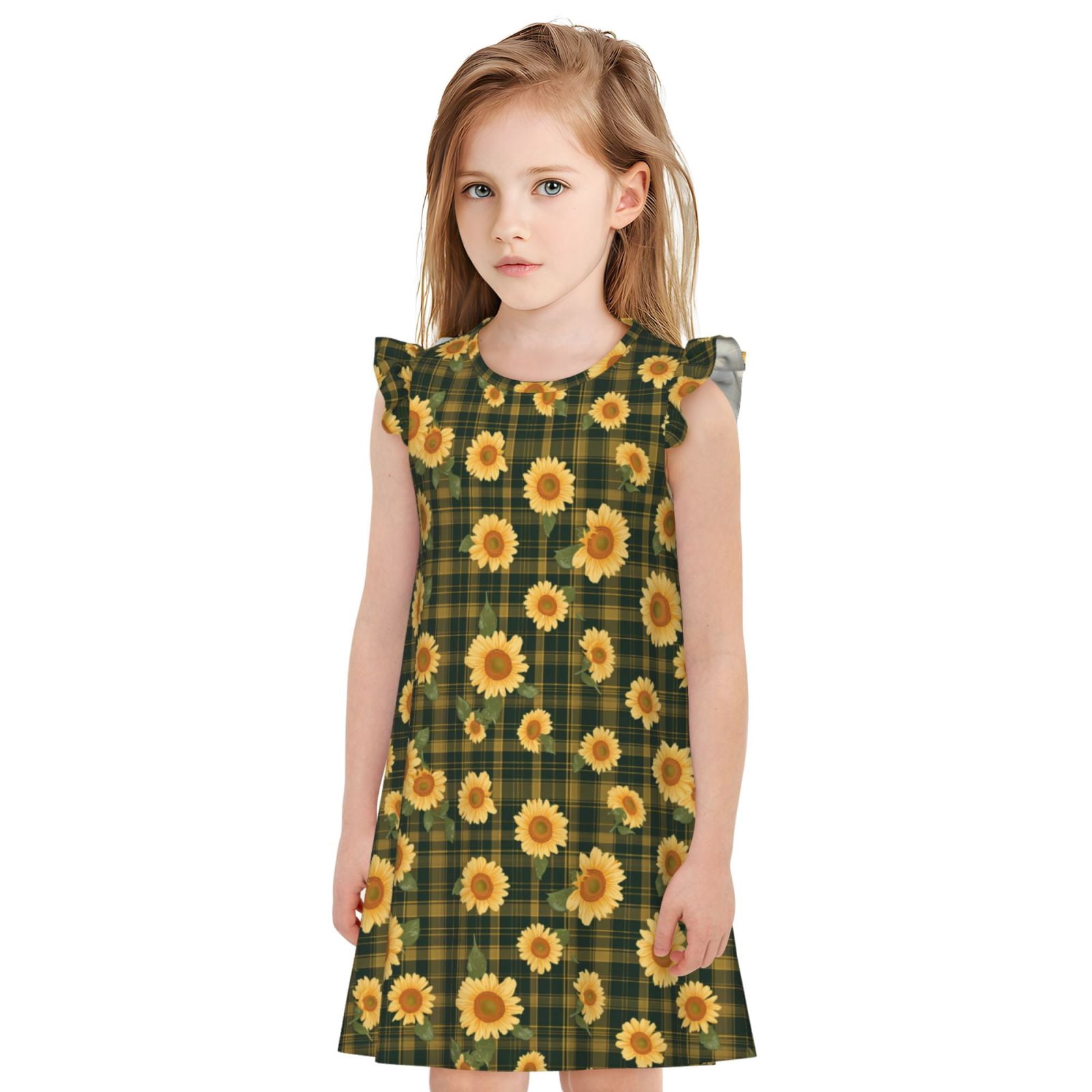 Pofeuu Black Ink Green Plaid Sunflower Print Girls Nightgowns ...