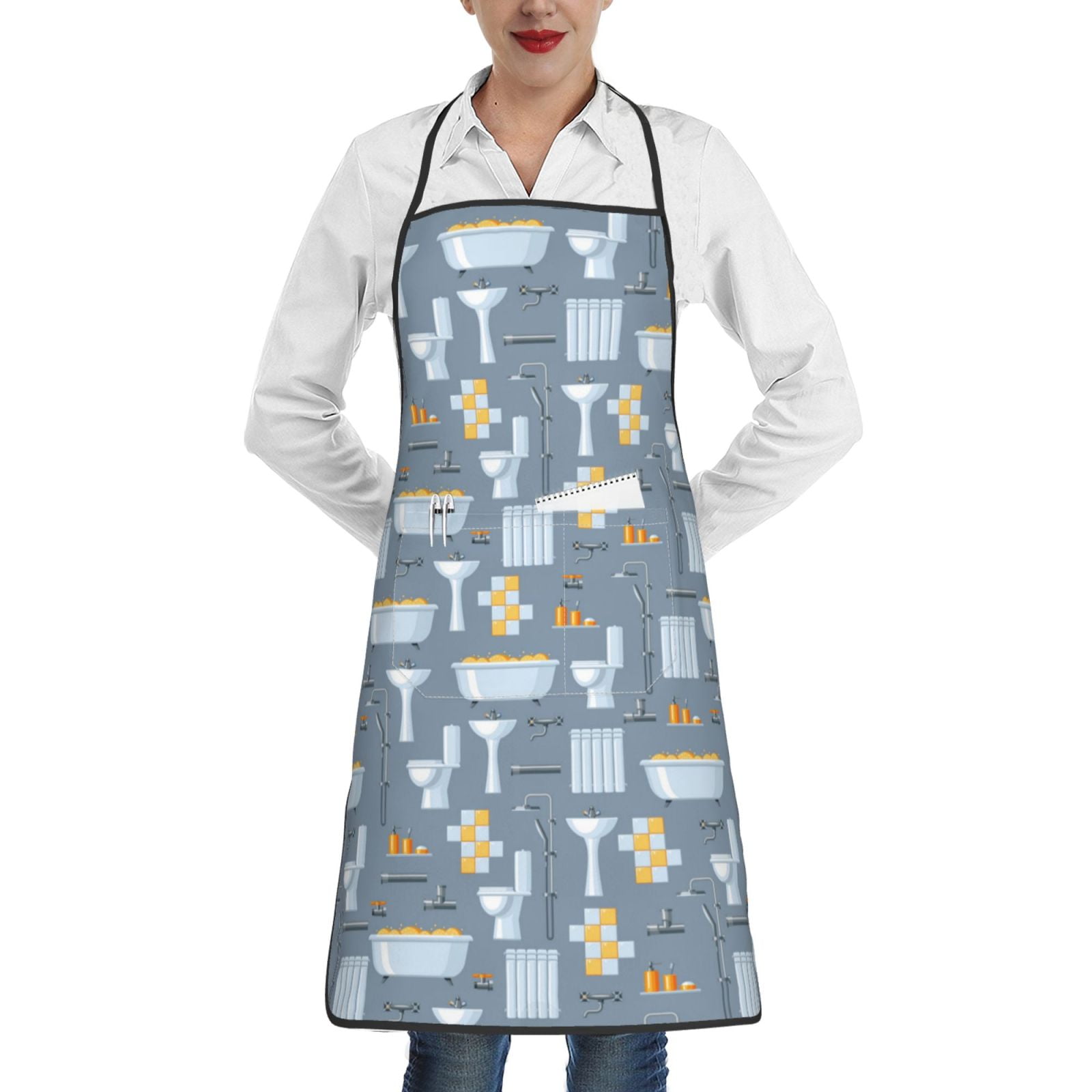 Pofeuu Blue Bathroom Print Aprons with Pockets, Cute Aprons for Kitchen ...