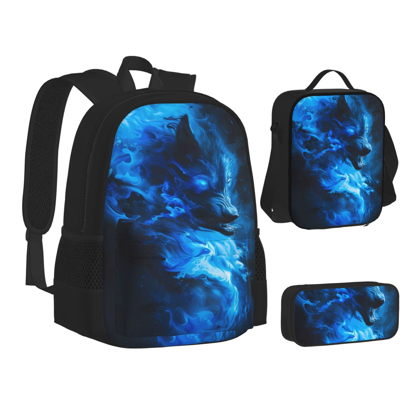 Pofeuu Blue Fire Cool Wolf Print Backpack Travel Backpacks With Lunch ...