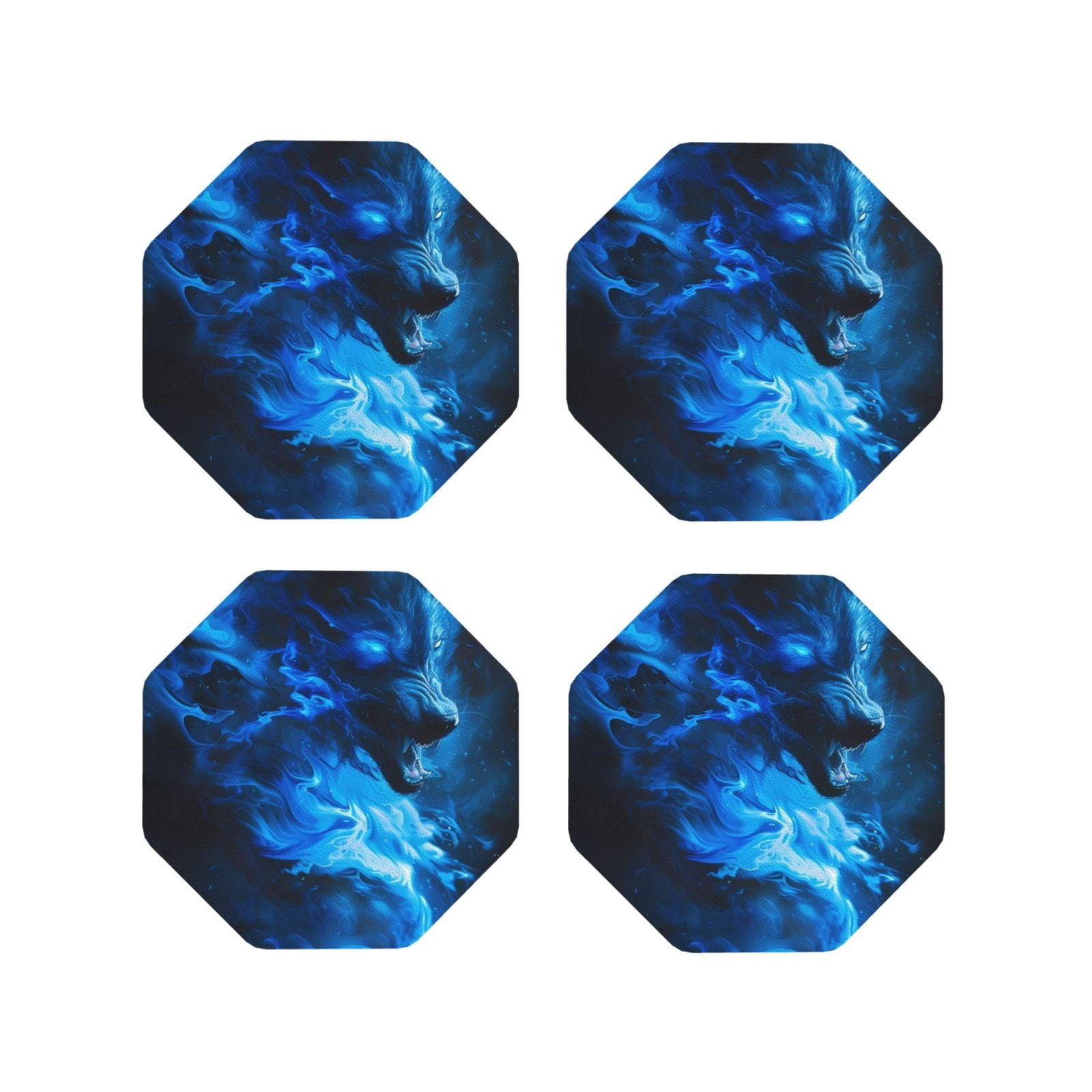 Pofeuu Blue Fire Cool Wolf Print Coasters for Drinks, 4Pack PU Leather ...