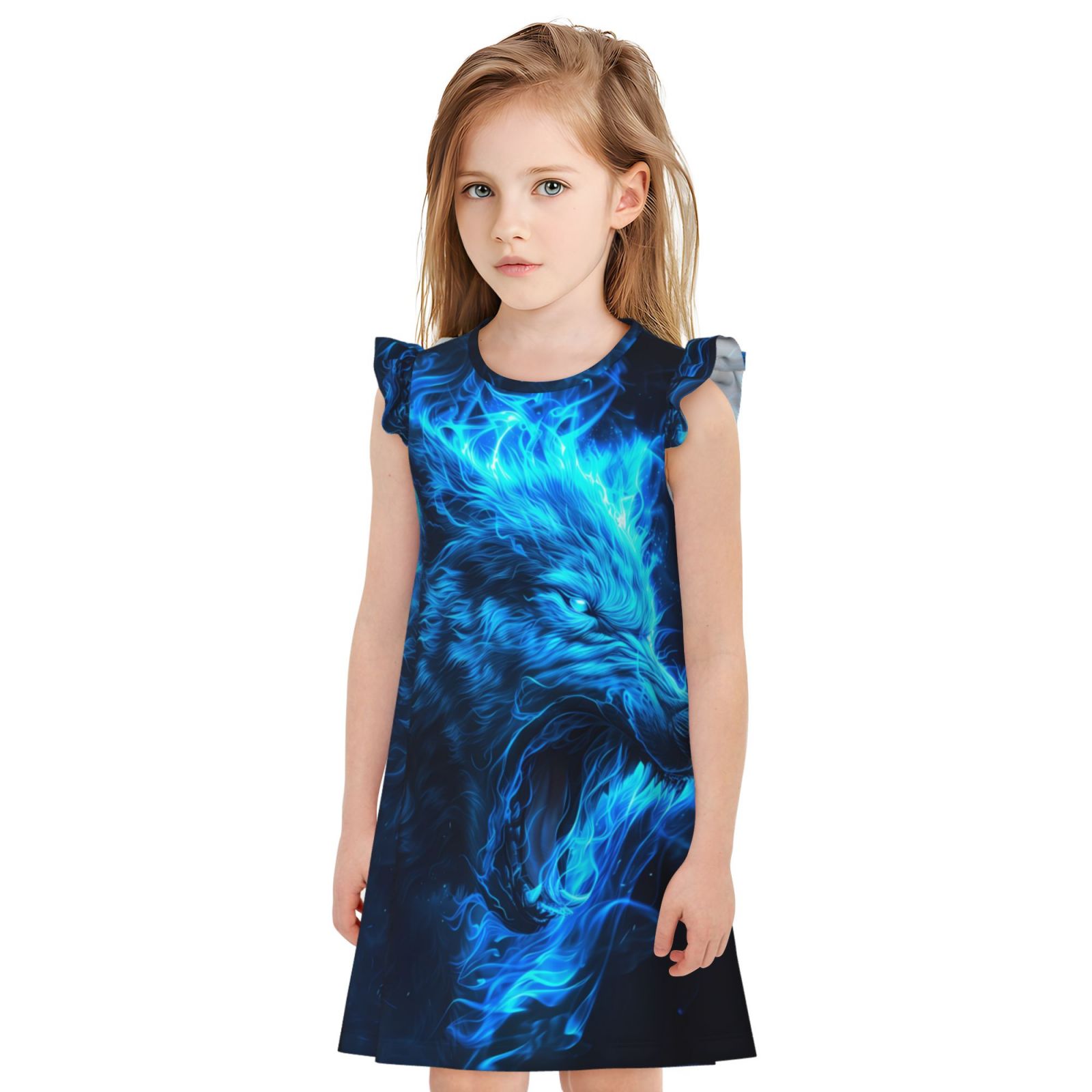Pofeuu Blue Fire Wolf Print Girls Nightgowns, Nightgown Princess Pajama ...