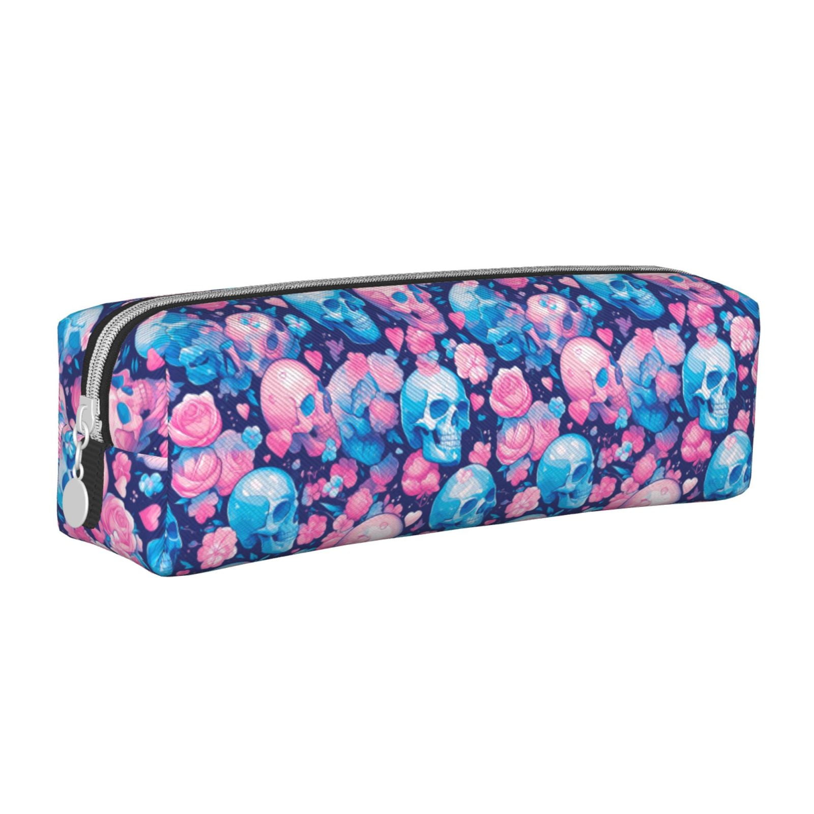 Pofeuu Blue Flower Skull Print Leather Pencil Case, Leather Pencil ...