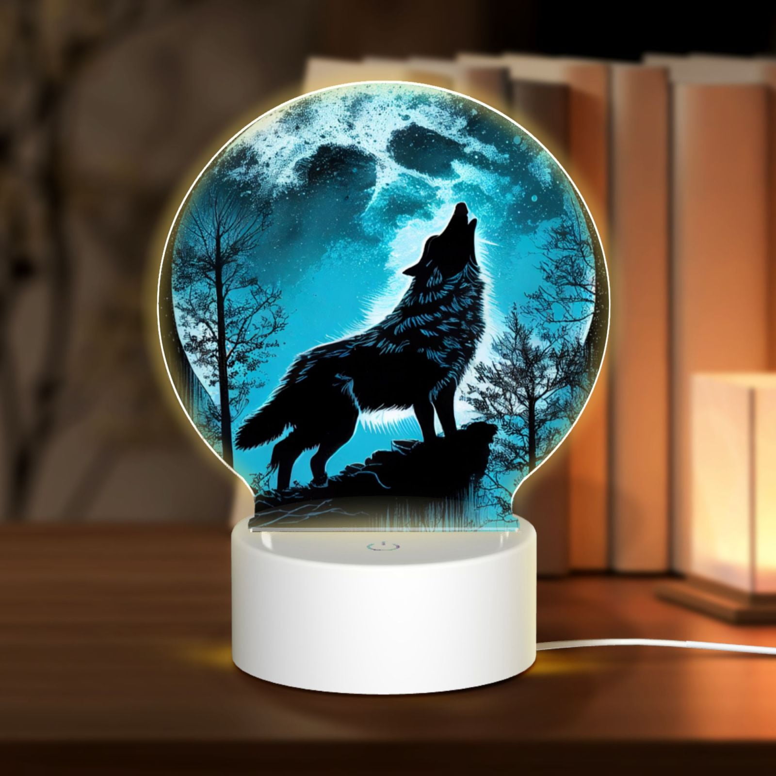 Pofeuu Blue Full Moon Wolf Print LED Christmas Night Light Lamp Base ...