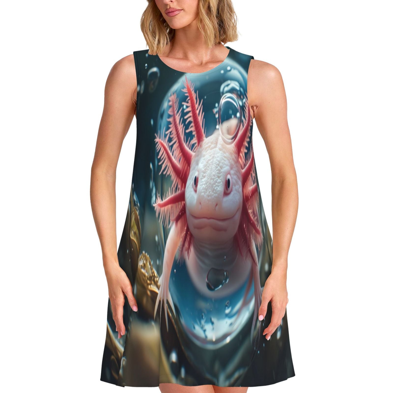 Pofeuu Bubbles Axolotl Fantasy Print Women's Sleeveless Dress, Loose ...