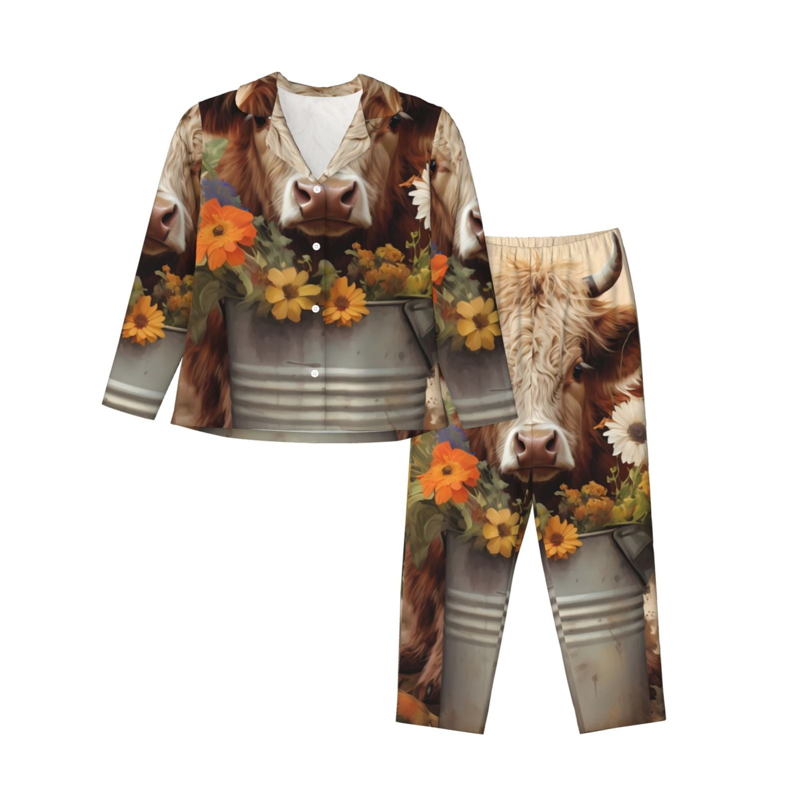 Pofeuu Bucket Flower Cow Print Womens Pajamas Set Long Sleeve Sleepwear ...