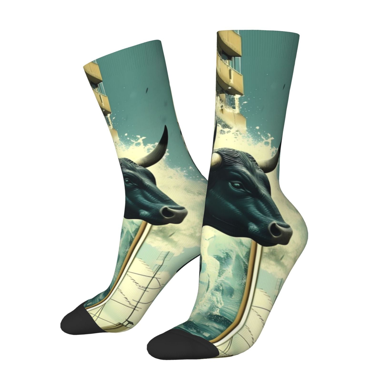 Pofeuu Bull Charging Through Waves Print Crew Socks, Adult Running ...