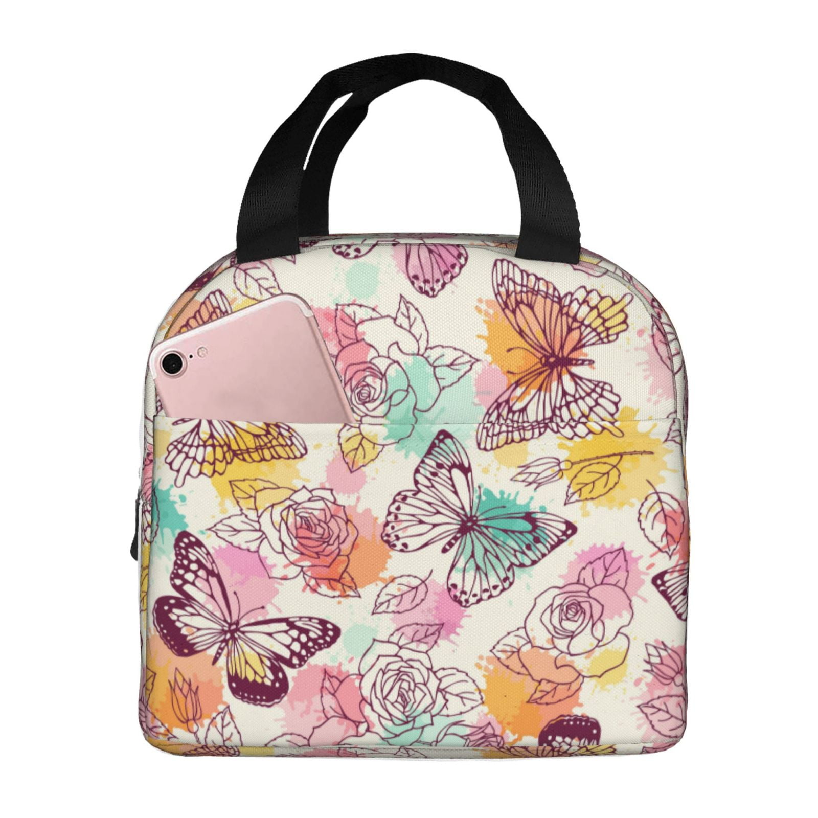 Pofeuu Butterflies and Roses Print Lunch Bag Lunch Box Large Capacity ...