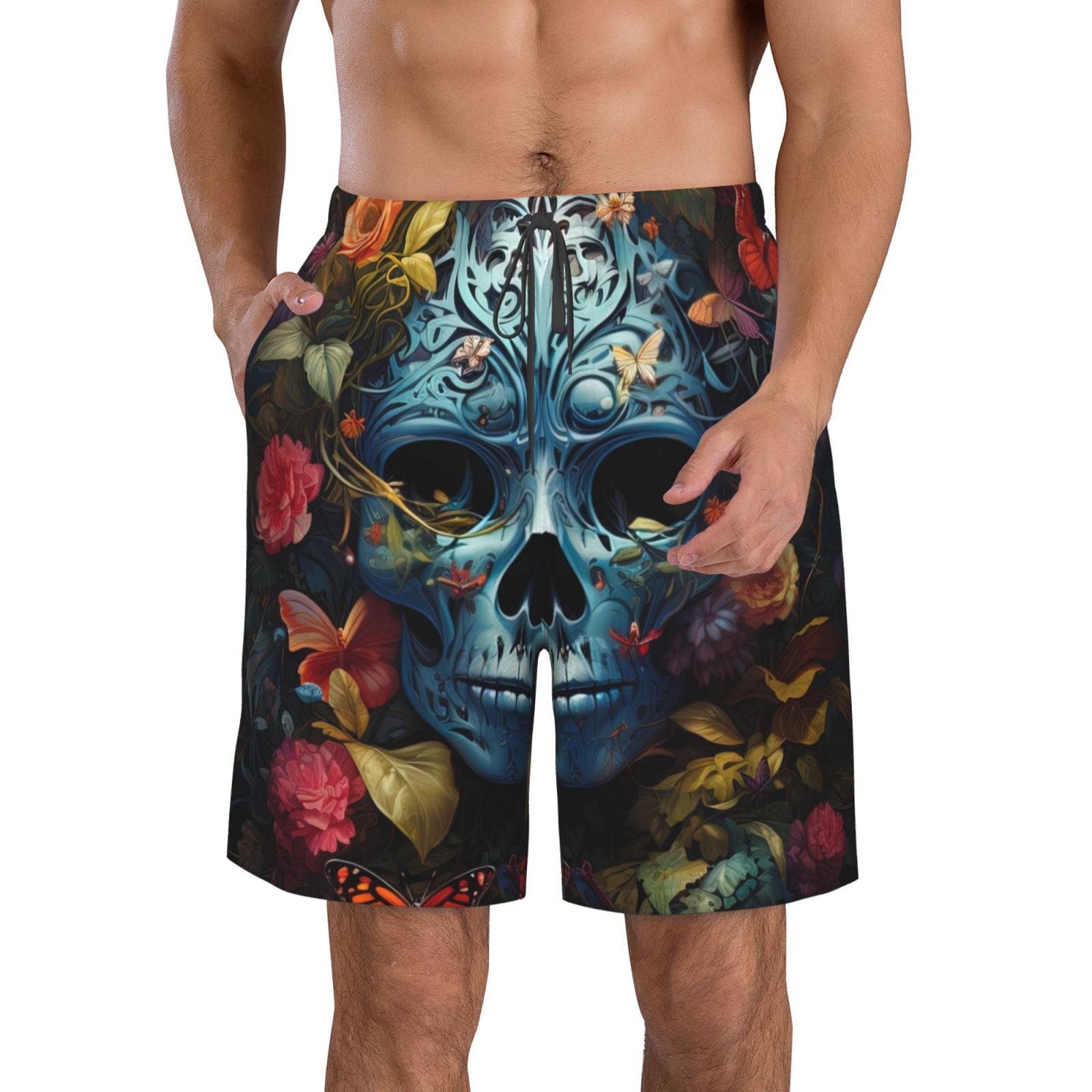 Pofeuu Butterfly Flower Skull A Prin Men's Swim Trunks Quick Dry ...