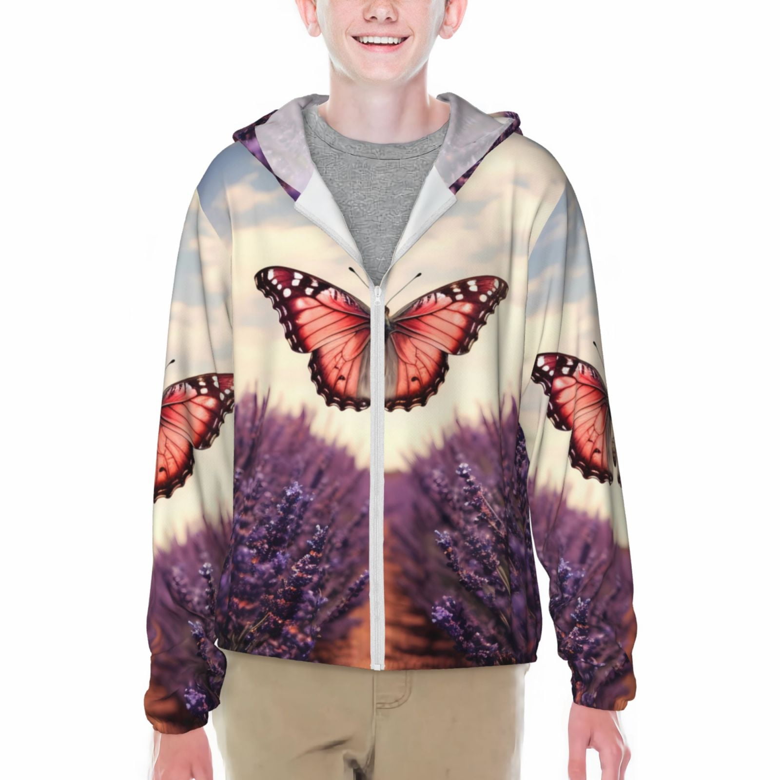 Pofeuu Butterfly Over Lavender Print Kids Active Zipper Sun Protection Jacket Boys Girls Hooded ...