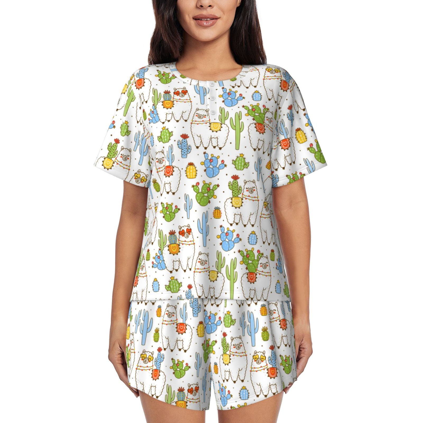 Pofeuu Cactus Plants Print Women's Pajama Set Short/Shorts Soft Button ...