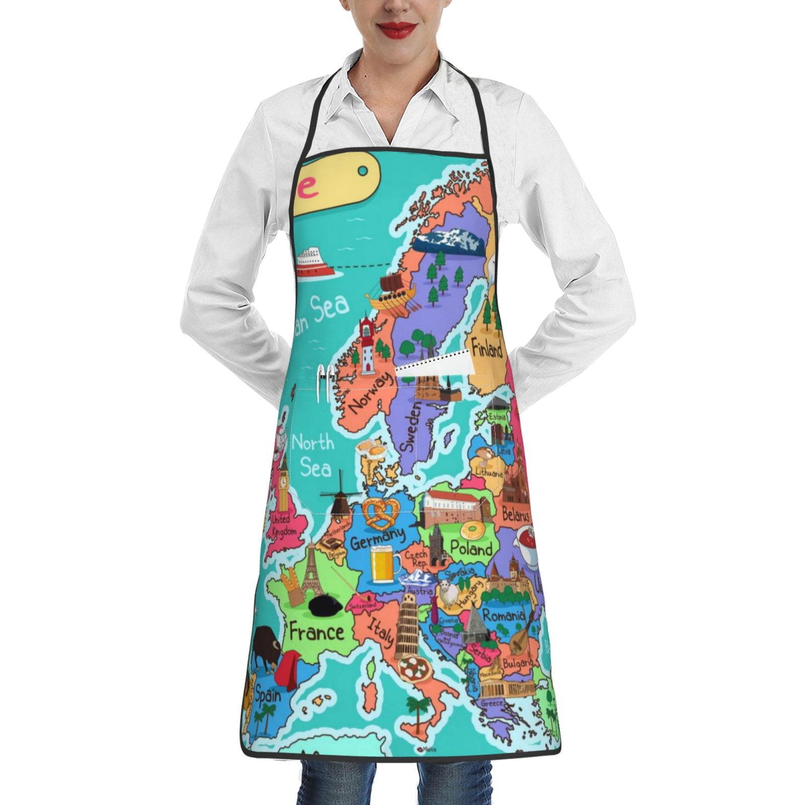Pofeuu Cartoon Map Of Europe Print Aprons with Pockets, Cute Aprons for ...