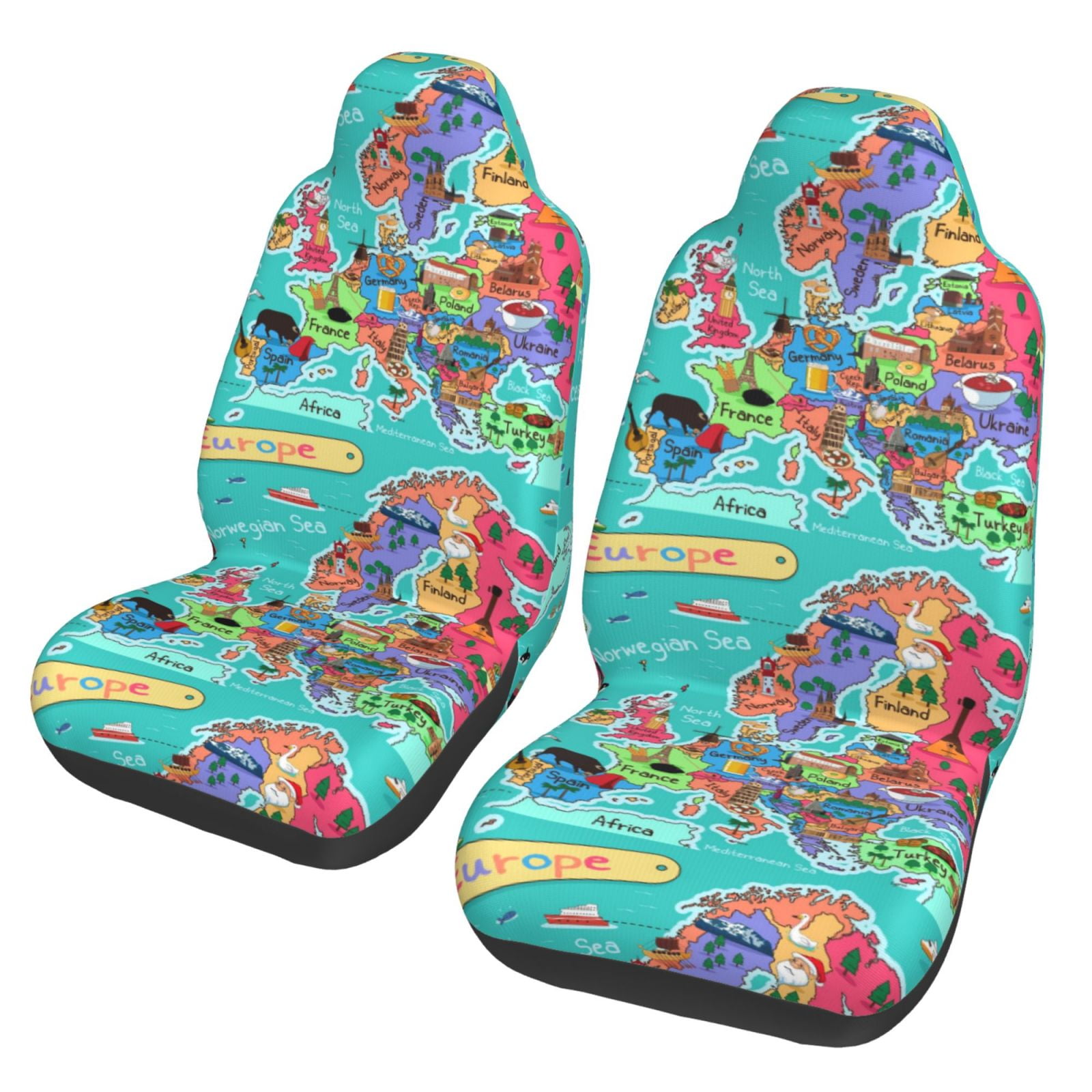 Pofeuu Cartoon Map Of Europe Print Automotive Car Seat Covers Flat ...
