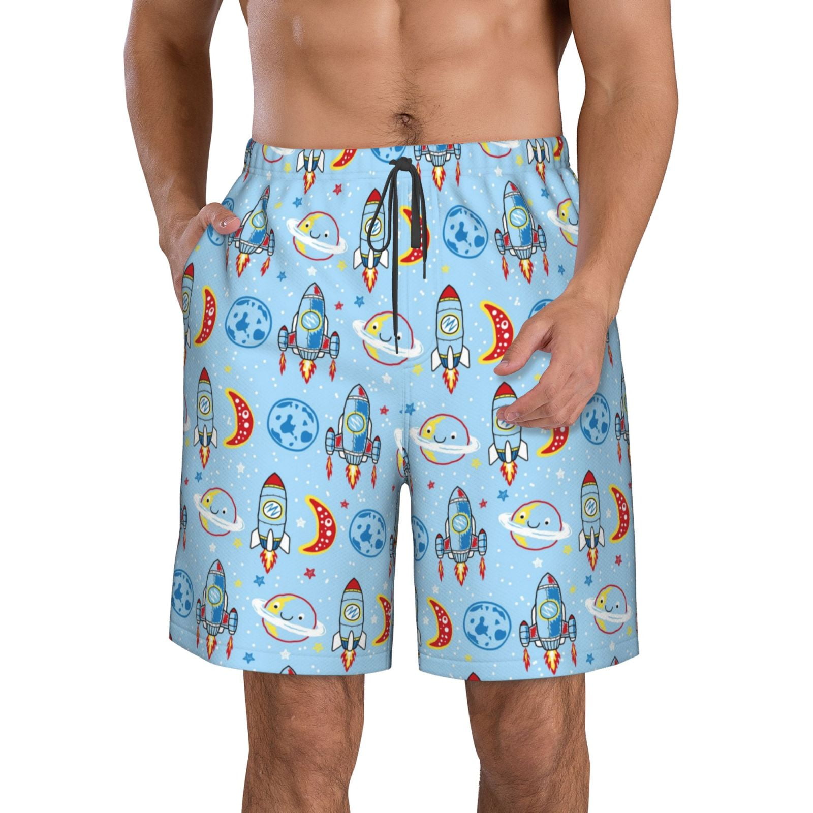Pofeuu Cartoon Rocket With Space Prin Men's Swim Trunks Quick Dry ...