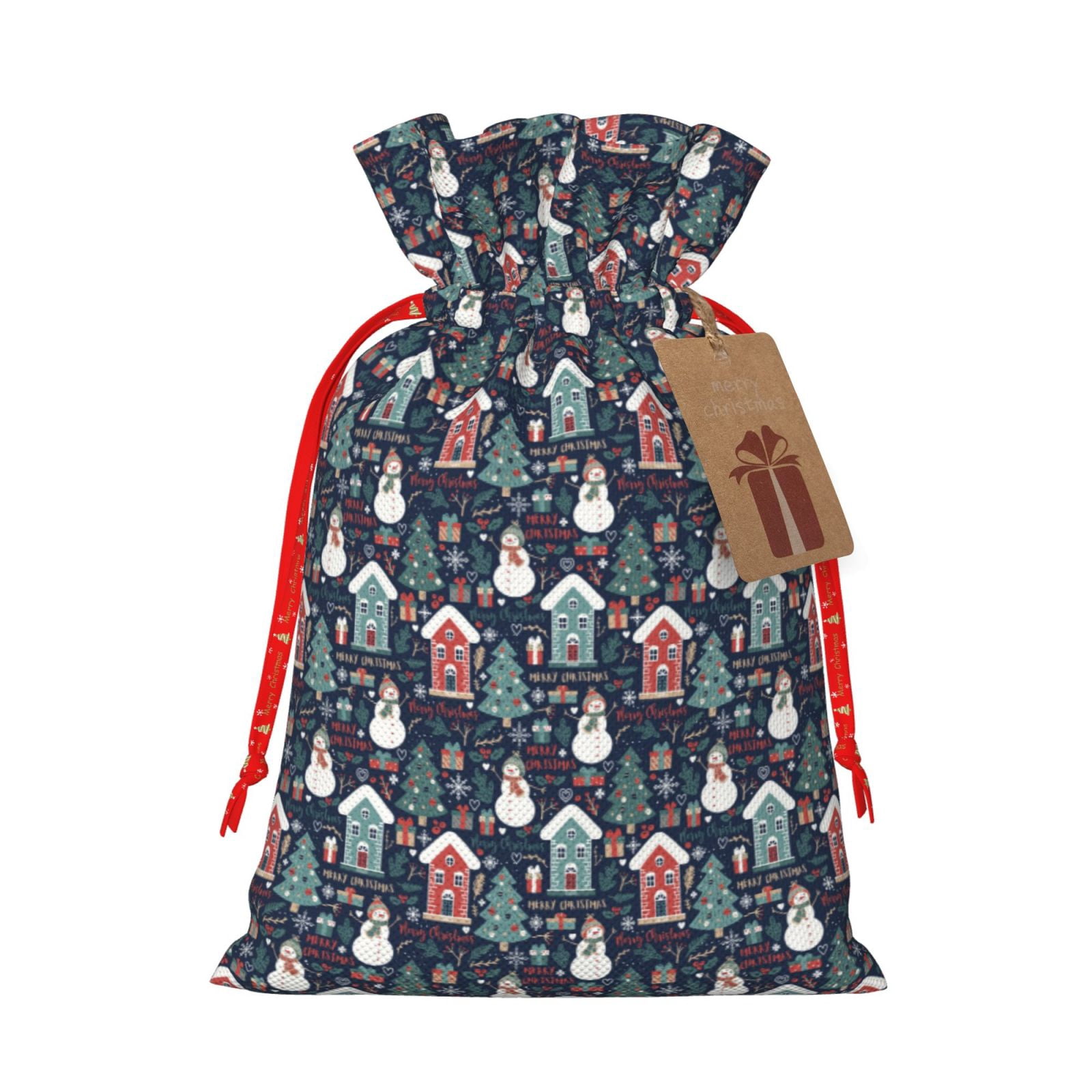 Pofeuu Christmas Village Print Burlap Bags with Drawstrings Drawstring ...