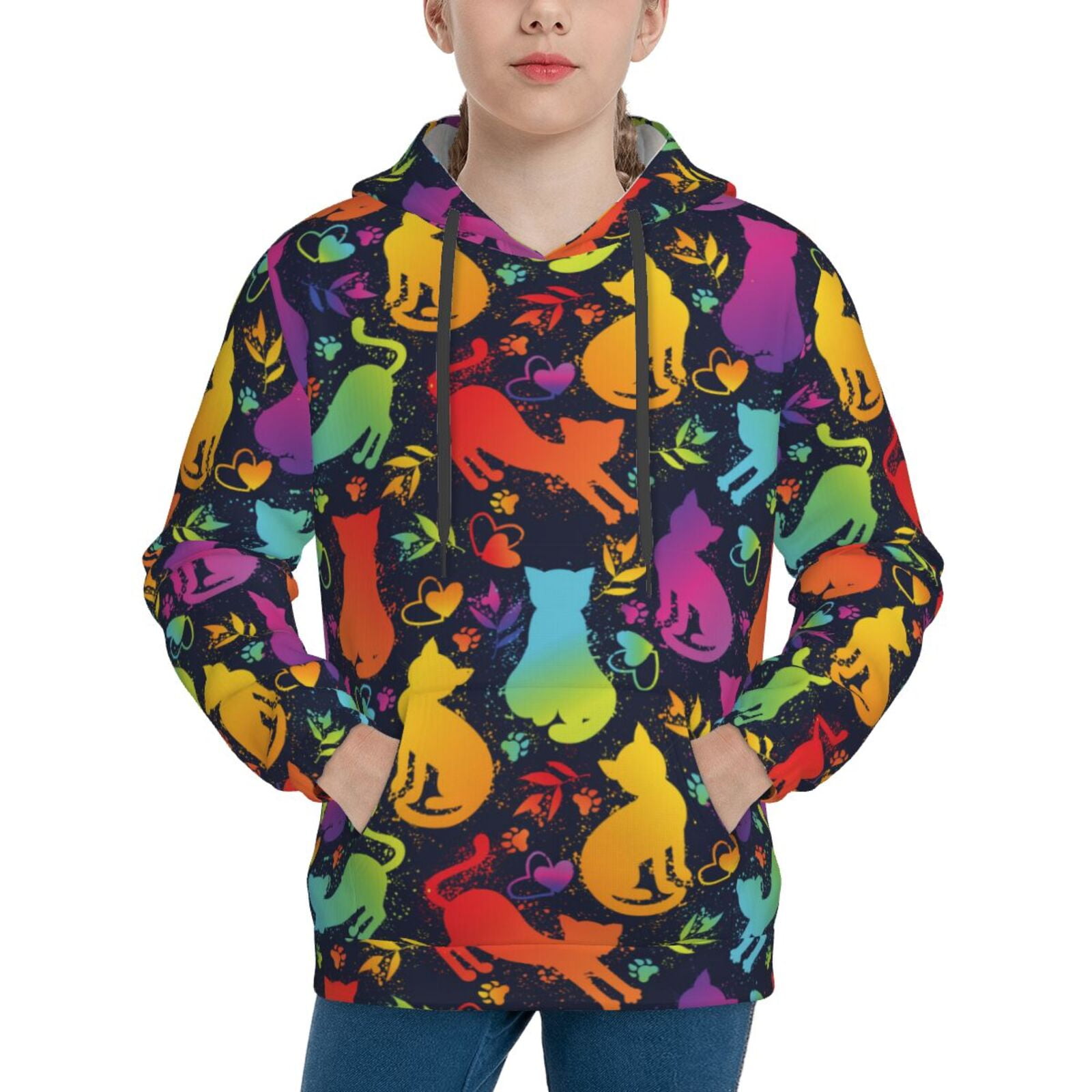 Pofeuu Colorful Cats Print Kids Pullover Hoodies Warm Thick Hooded ...