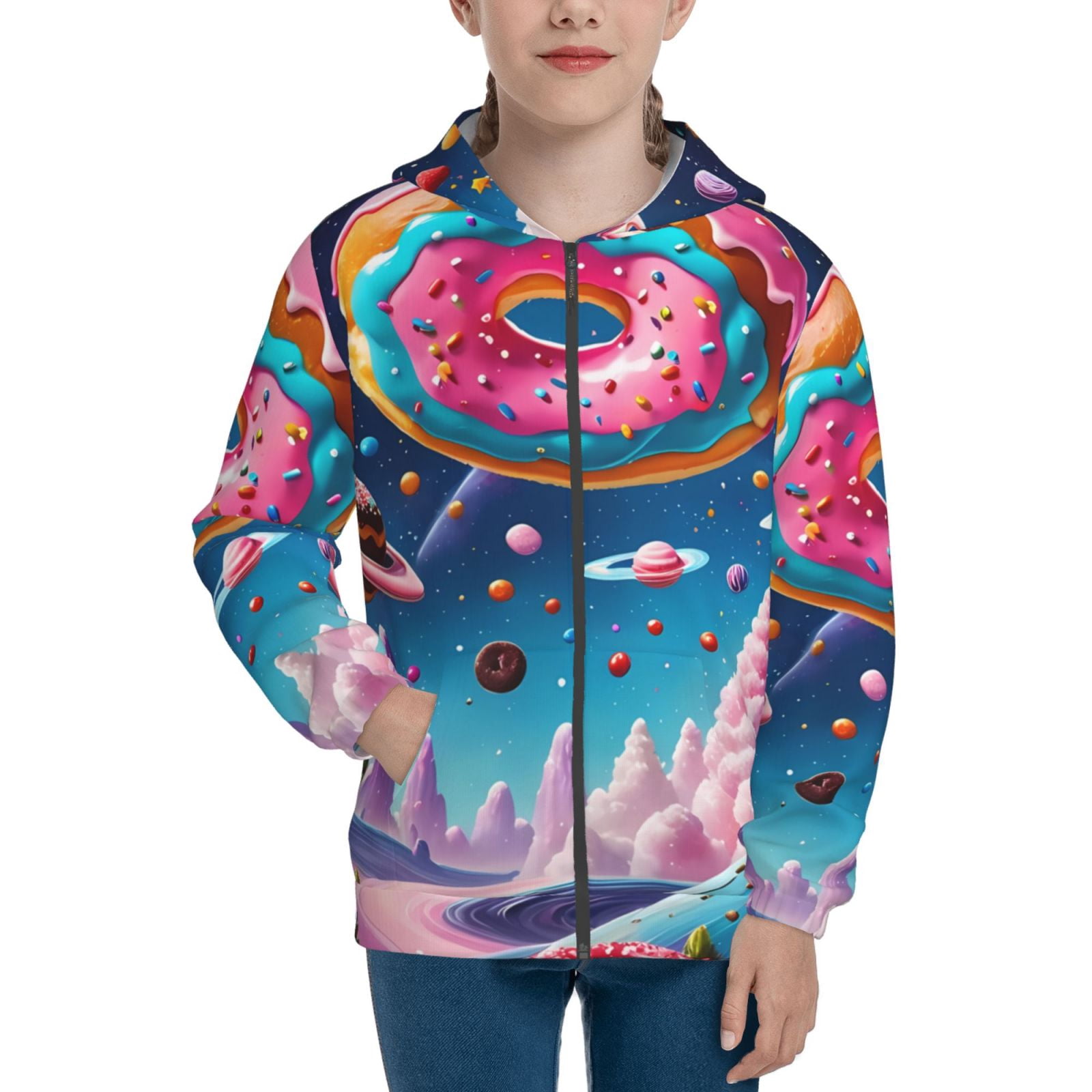 Pofeuu Colorful Donut Print Teenage Zipper Hoodie Sweatshirts Hooded ...