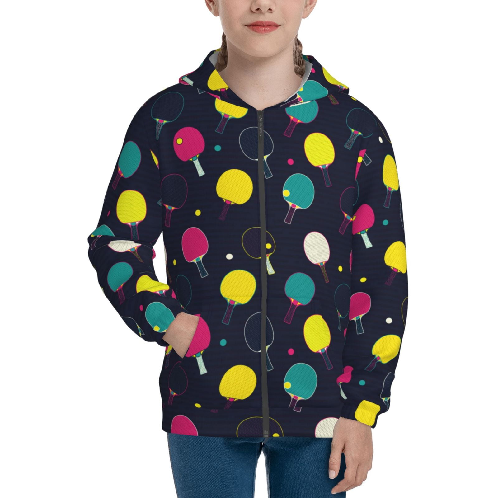 Pofeuu Colorful Ping Pong Rackets Print Teenage Zipper Hoodie ...
