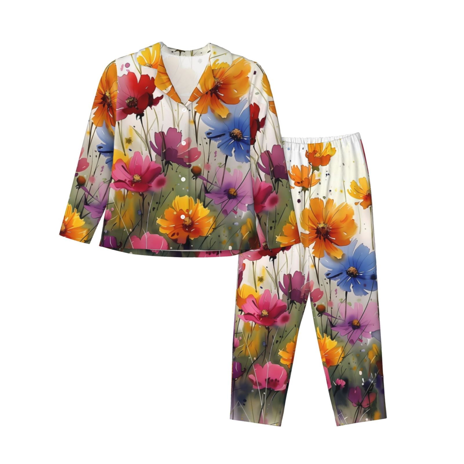 Pofeuu Colorful Wildflower Meadow Print Womens Pajamas Set Long Sleeve ...