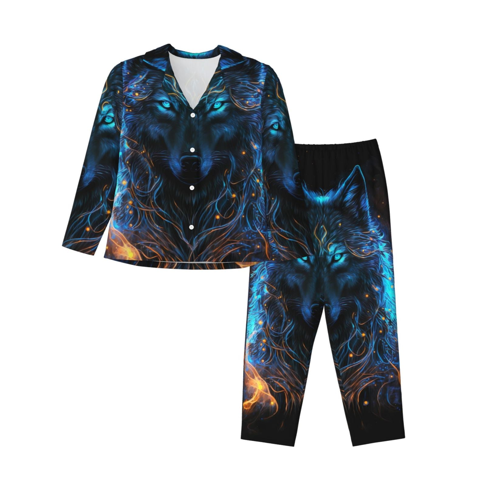 Pofeuu Cool Blue Light Wolf Print Womens Pajamas Set Long Sleeve ...
