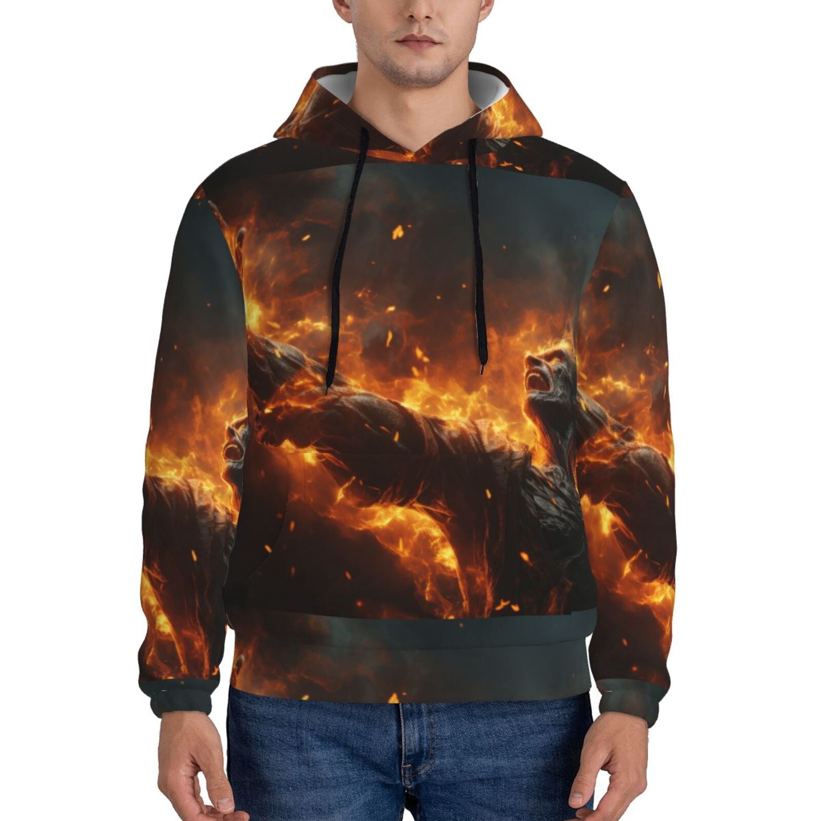 Pofeuu Cool Fire Man Print Mens Casual Hooded Collar Drawstring Hoodies ...