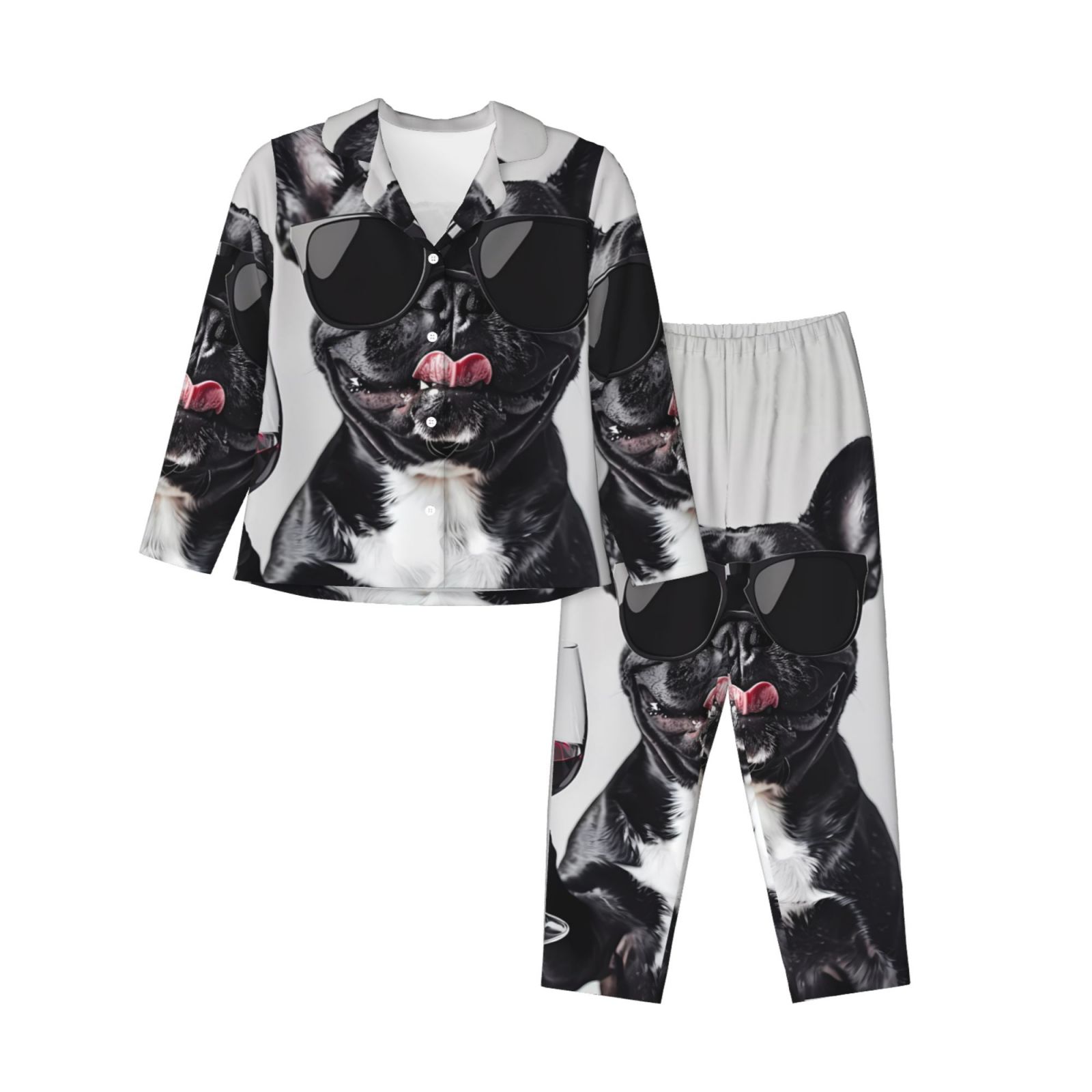Pofeuu Cool French Bulldog Wine Print Womens Pajamas Set Long Sleeve ...