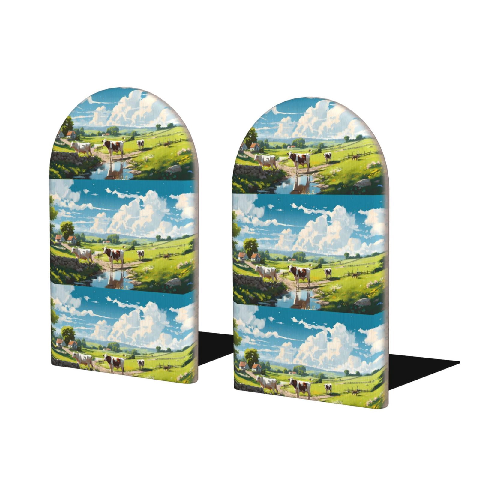 Pofeuu Countryside Farm Cow Print Large Bookend Hold Heavy Books- Wood ...