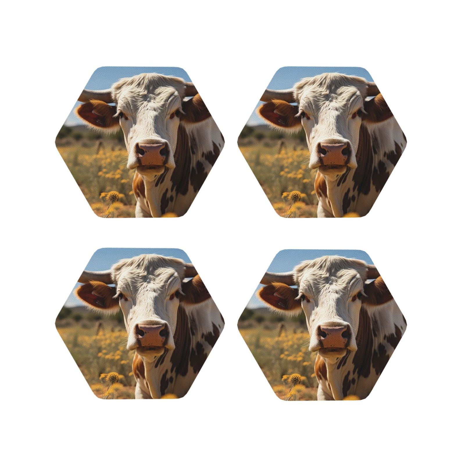 Pofeuu Countryside Flower Cow Print Coasters for Drinks, 4Pack PU ...