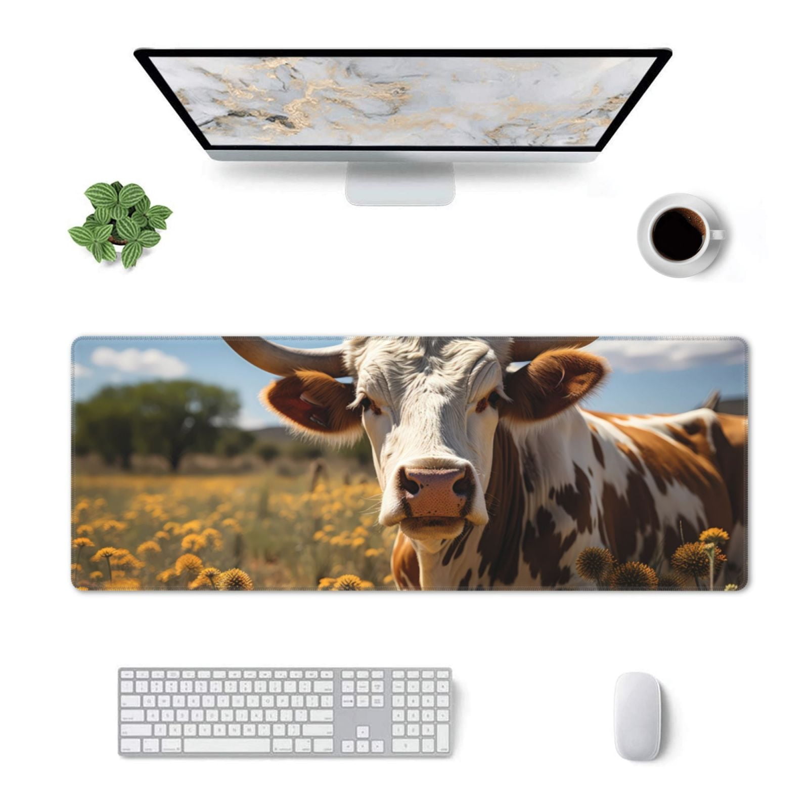 Pofeuu Countryside Flower Cow Print Desk Mat for Keyboard and Mouse ...