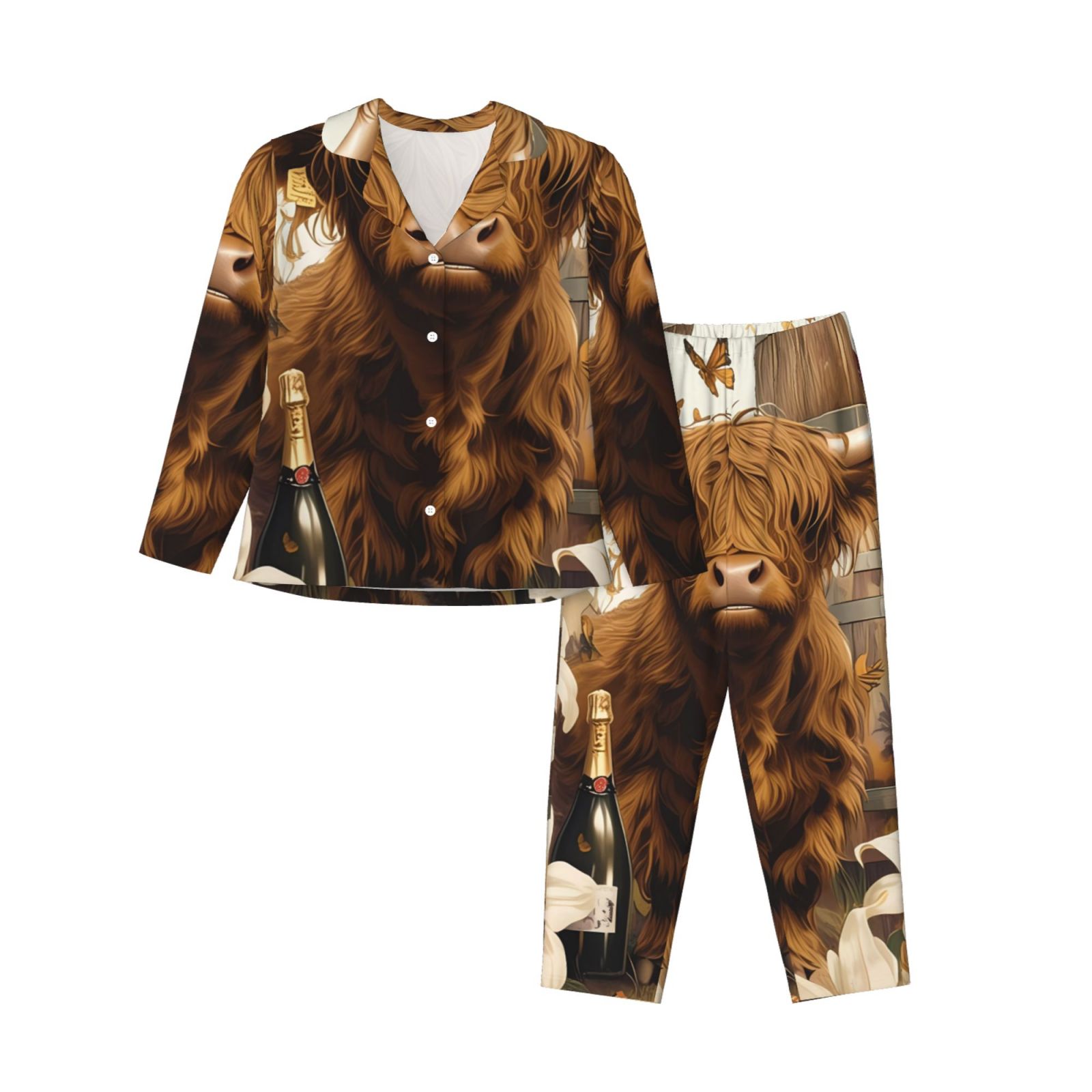 Pofeuu Cow With Butterflies Lilies Print Womens Pajamas Set Long Sleeve ...
