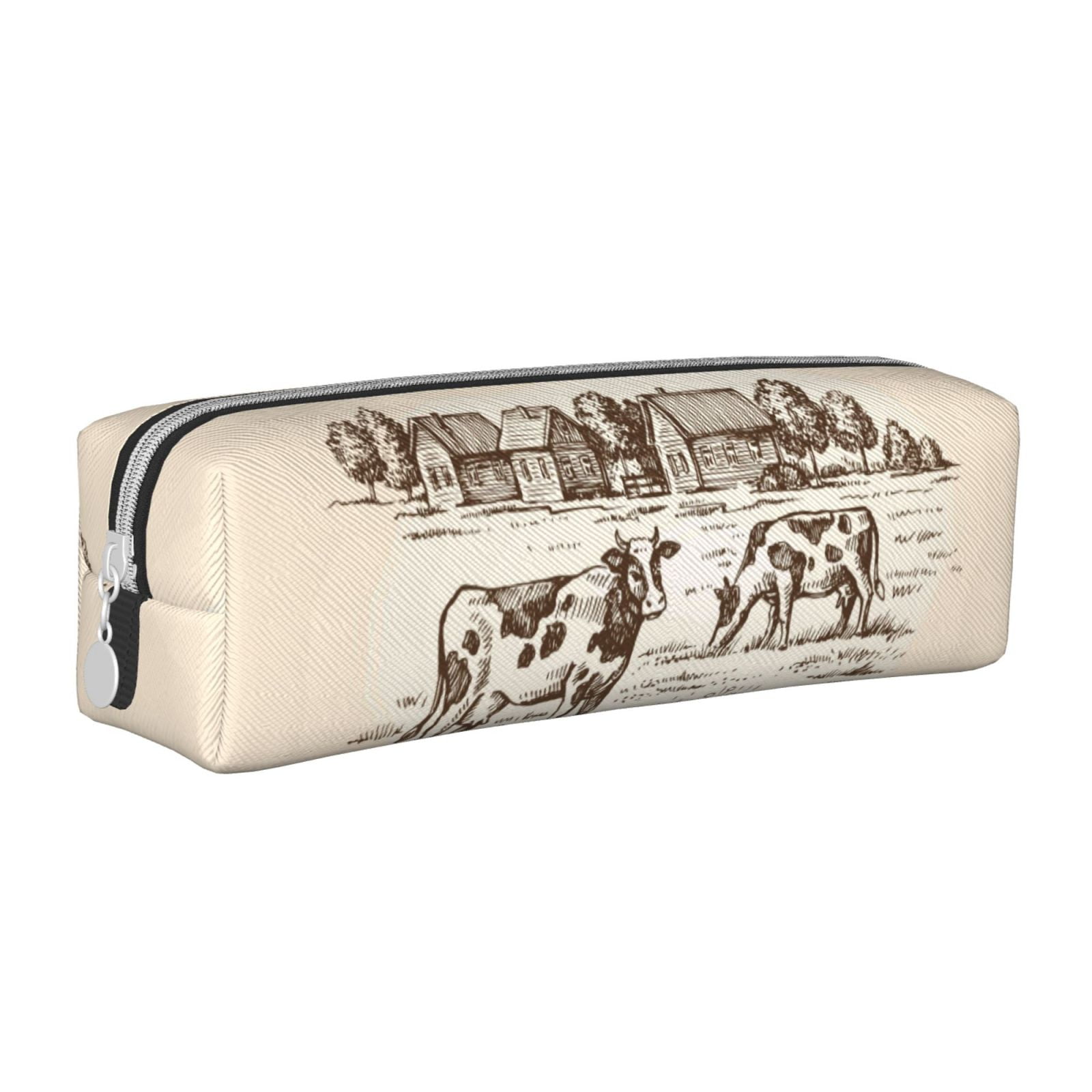 Pofeuu Cows On The Farm Print Leather Pencil Case, Leather Pencil Pouch ...