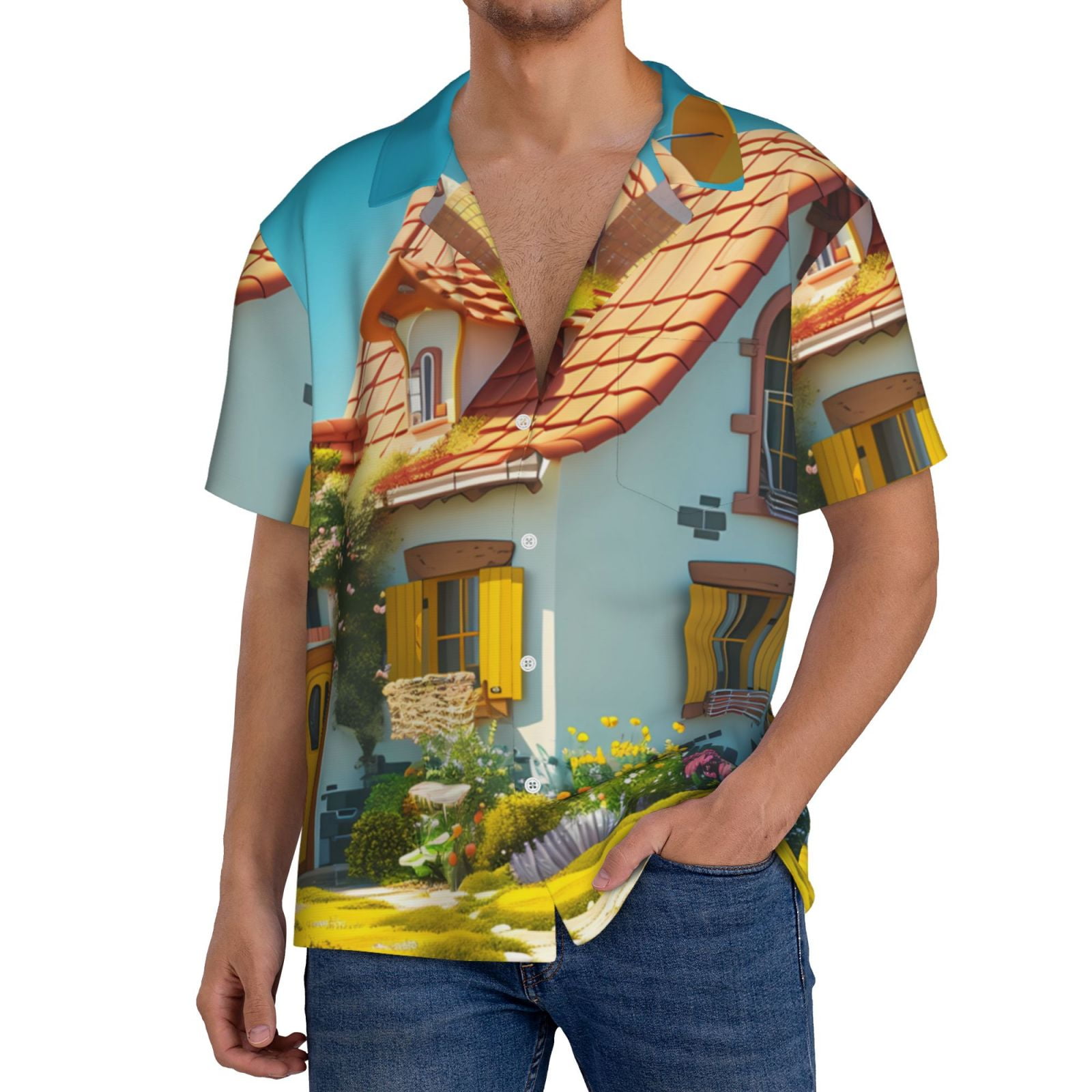 Pofeuu Cozy Cartoon Backyard Print Mens Casual Short Sleeve Shirts ...