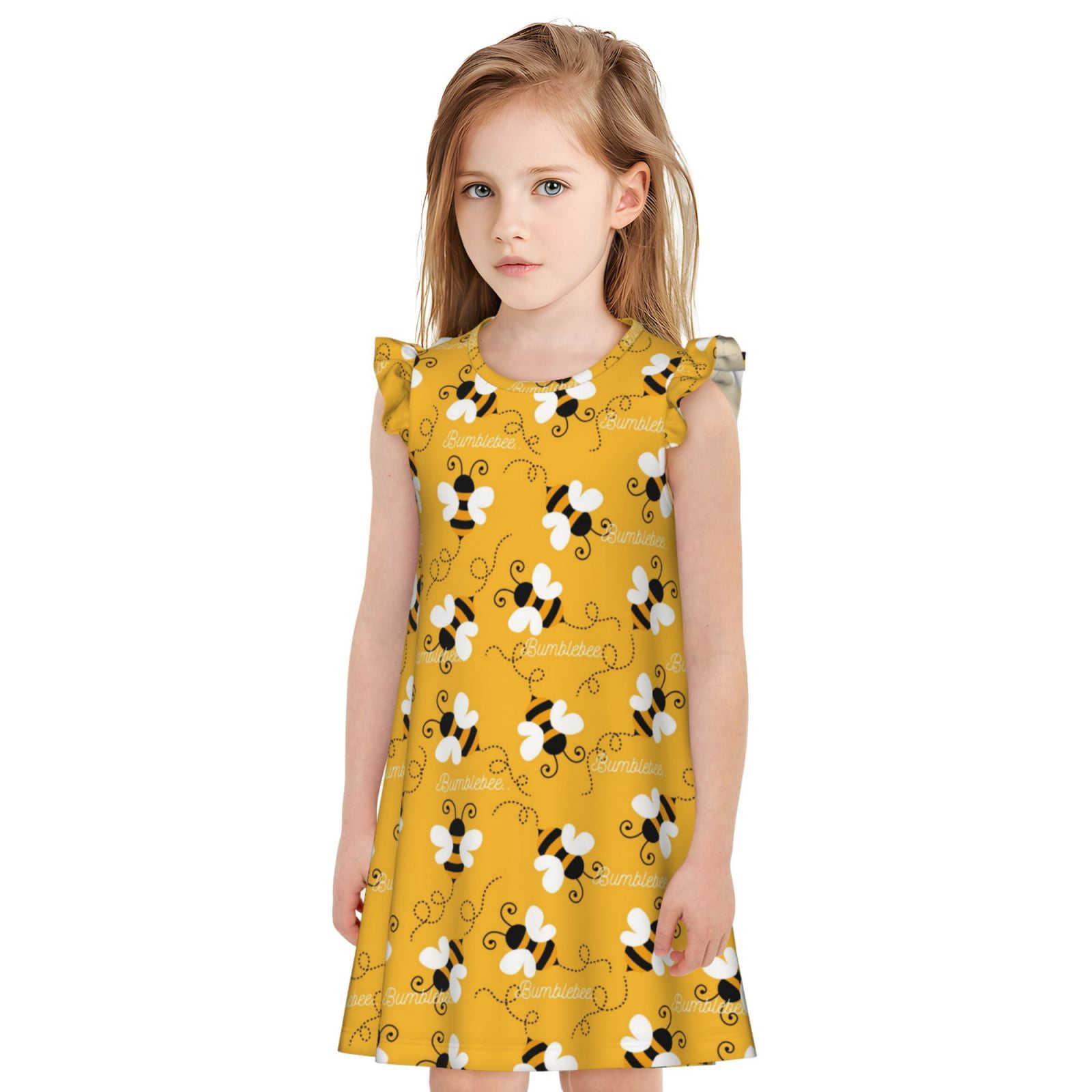 Pofeuu Cute Bee Butterfly Yelllow Print Girls Nightgowns, Nightgown ...