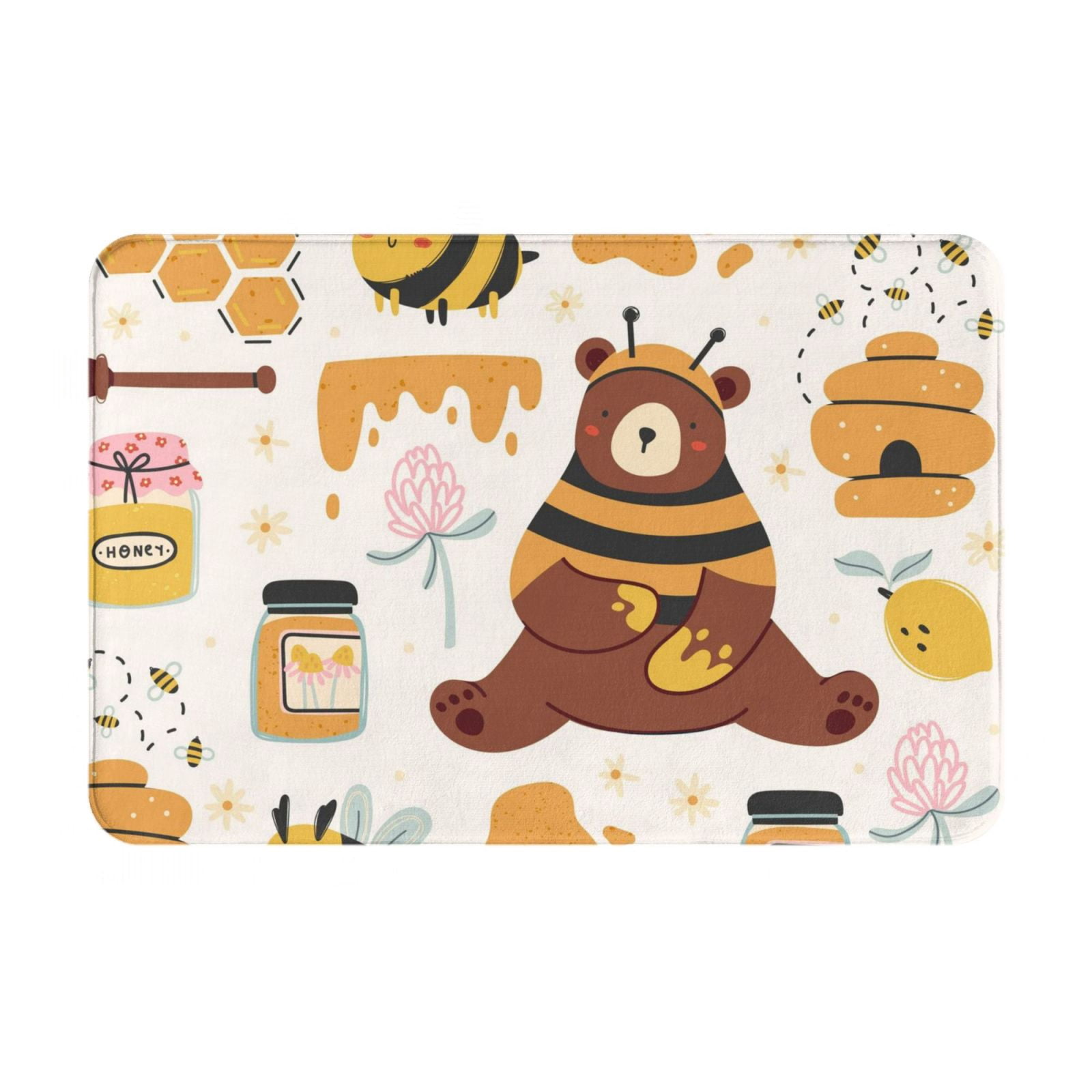 Pofeuu Cute Bee Honey Jar Hive Bear Print Flannel Doormats Rug16"x24 ...