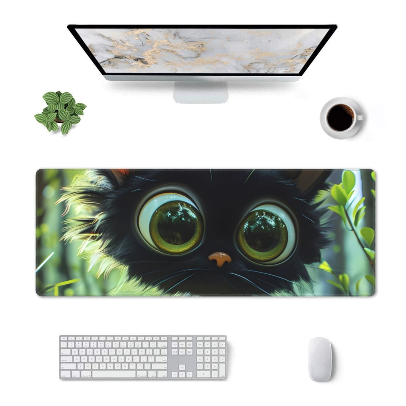 Pofeuu Cute Big-Eyed Black Cat Print Desk Mat for Keyboard and Mouse ...
