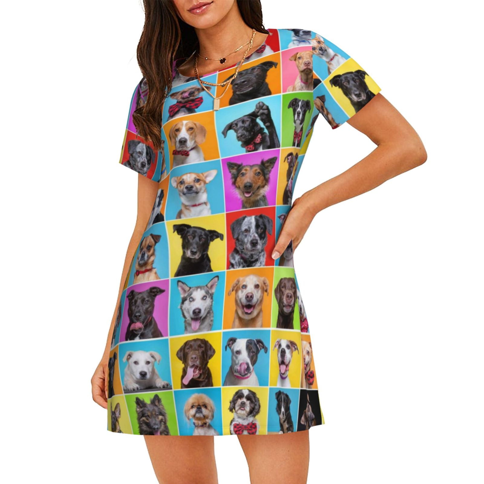 Pofeuu Cute Dogs Collage Print Women's Loose Fit Short Sleeve Nightgown ...