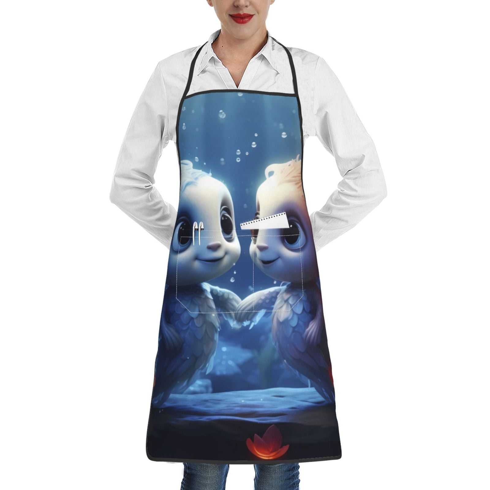 Pofeuu Cute Fish Flower Couple Print Aprons with Pockets, Cute Aprons ...