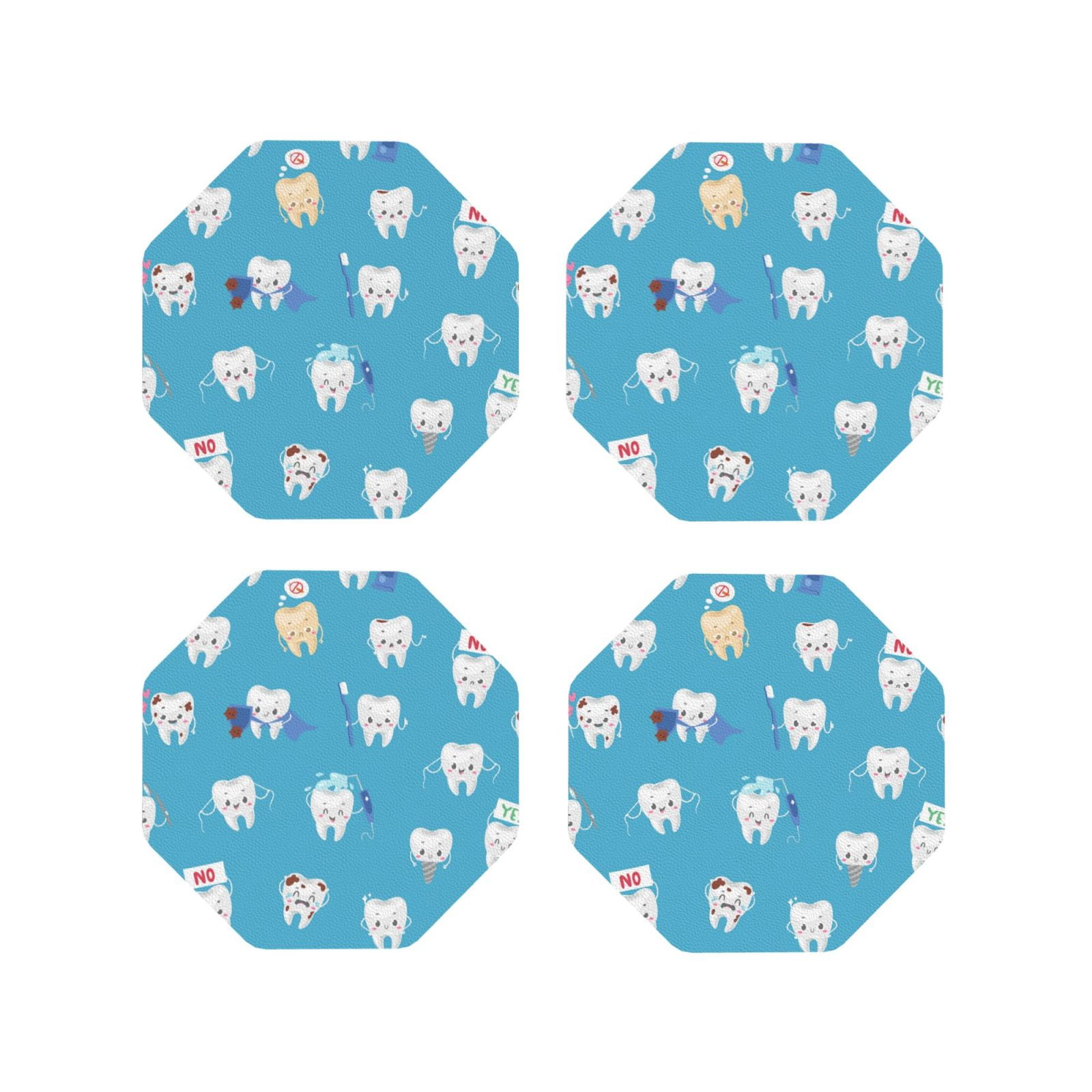 Pofeuu Cute Healthy Teeth Print Coasters for Drinks, 4Pack PU Leather ...
