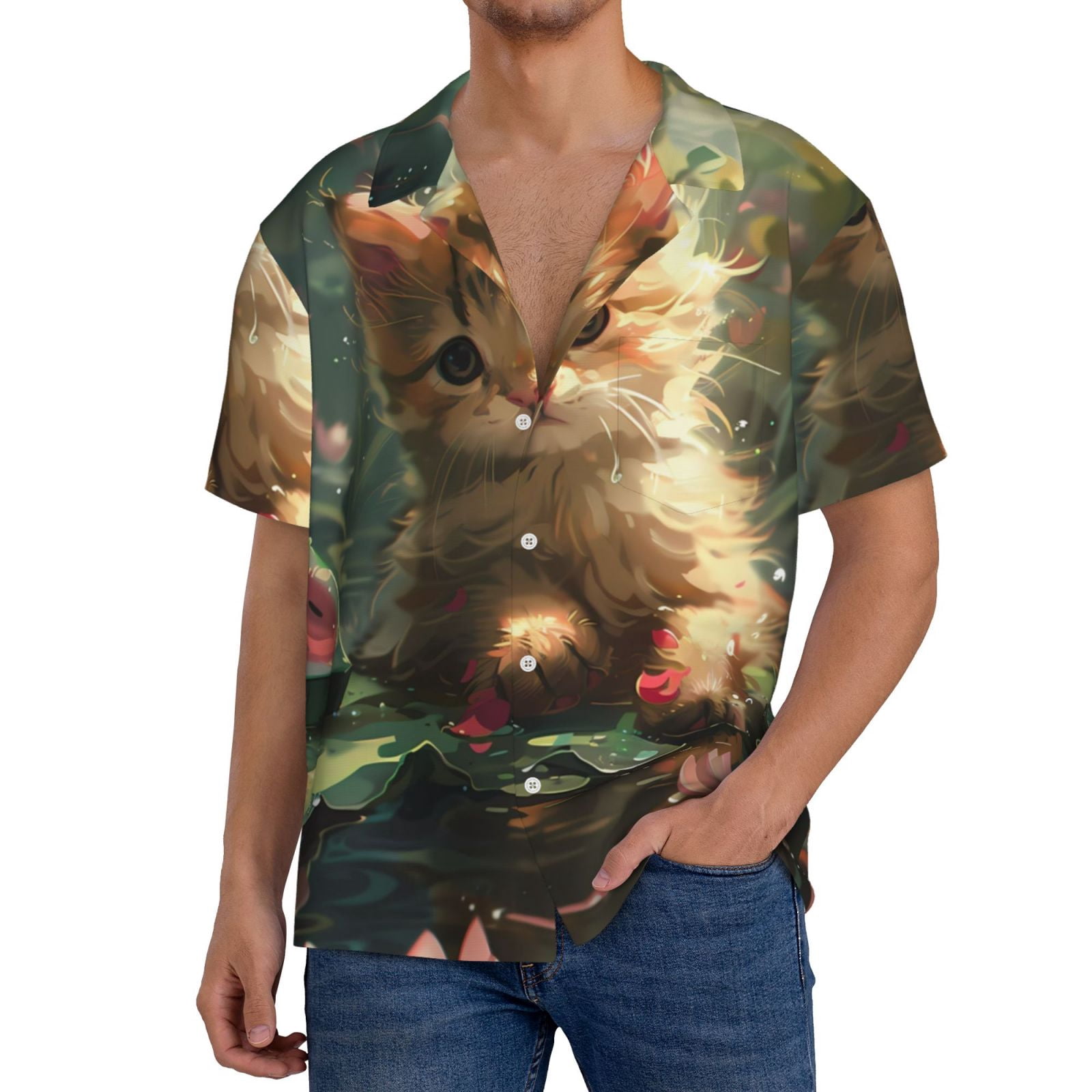 Pofeuu Cute Kitten Water Lilies Print Mens Casual Short Sleeve Shirts ...