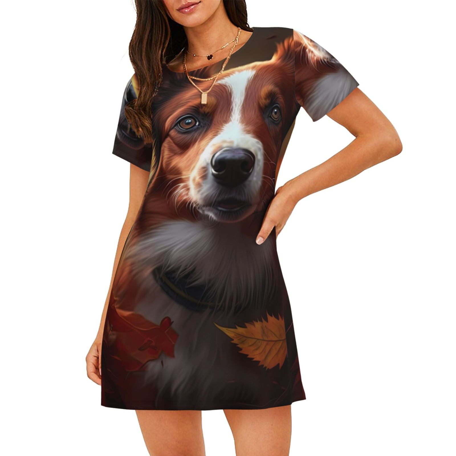 Pofeuu Cute Maple Leaf Puppy Print Women's Loose Fit Short Sleeve ...