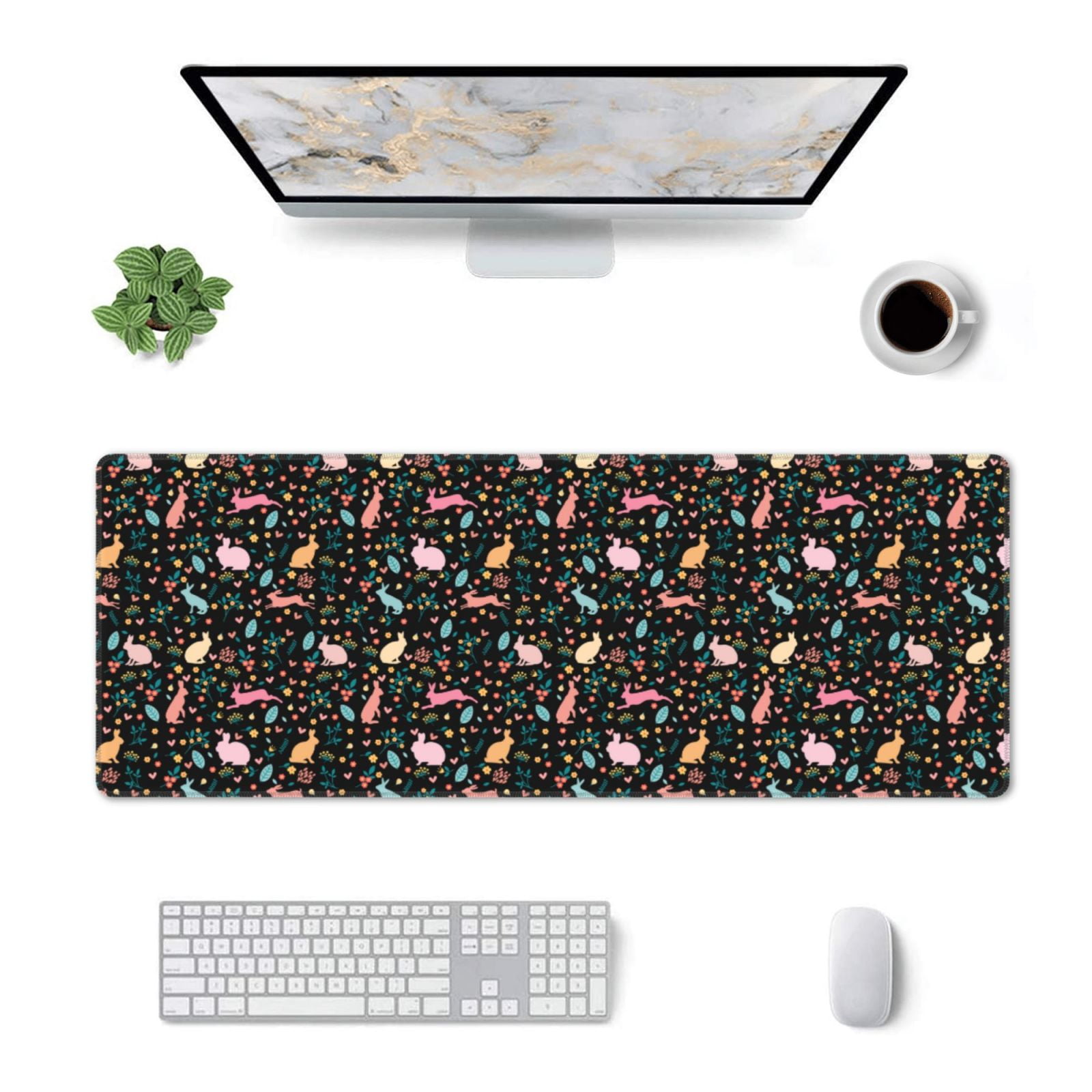 Pofeuu Cute Rabbit And Flower Print Desk Mat for Keyboard and Mouse ...
