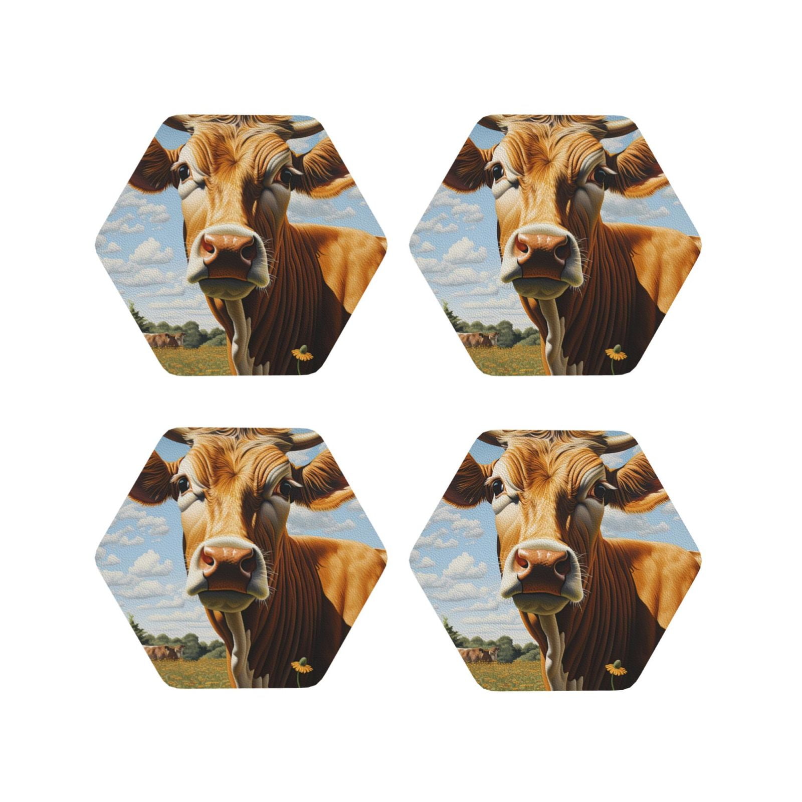 Pofeuu Daisy Flower Field Cow Print Coasters for Drinks, 4Pack PU ...