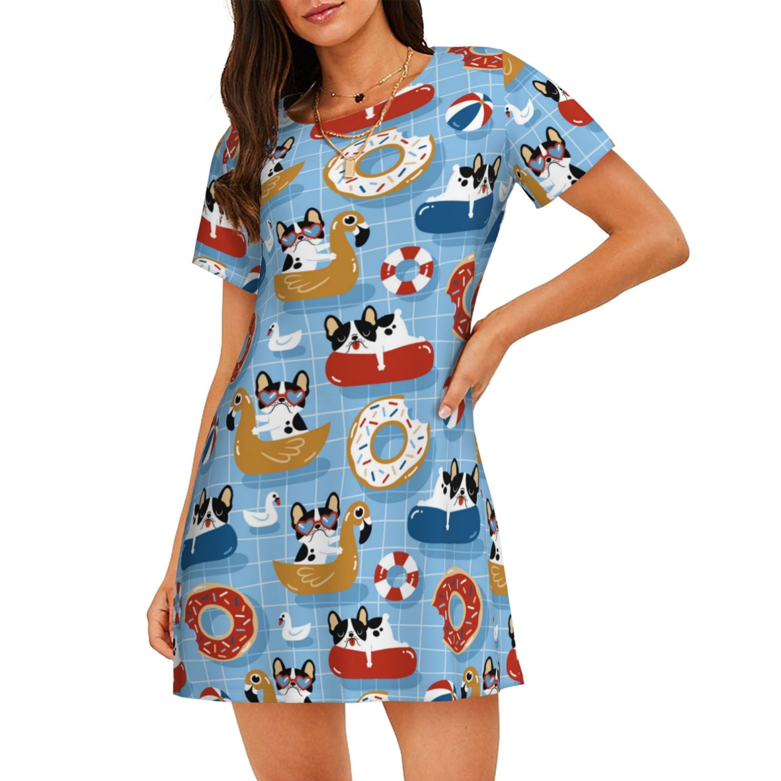 Pofeuu Dogs With Pool Floats Print Women's Loose Fit Short Sleeve ...