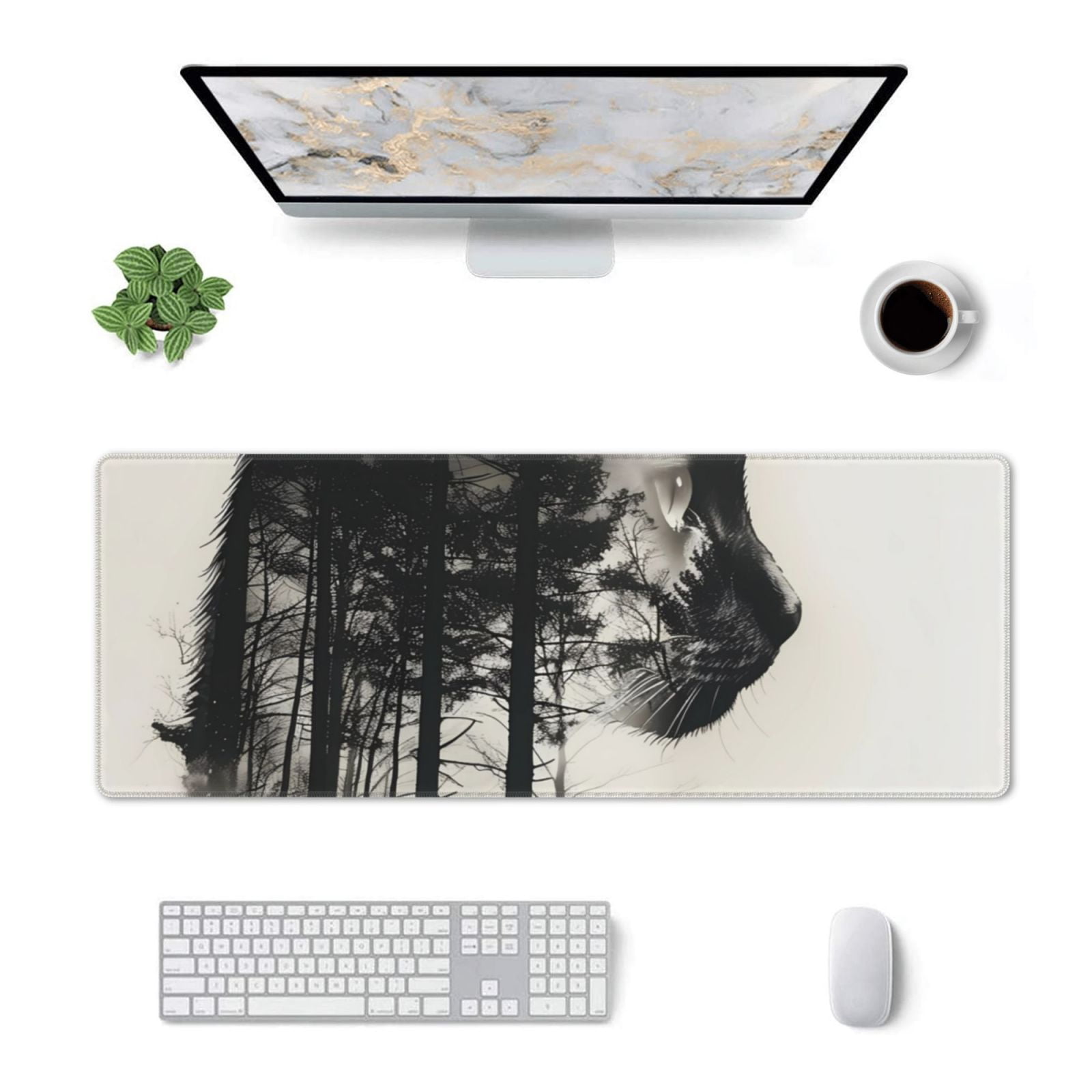 Pofeuu Double Exposure Cat Forest Print Desk Mat for Keyboard and Mouse ...