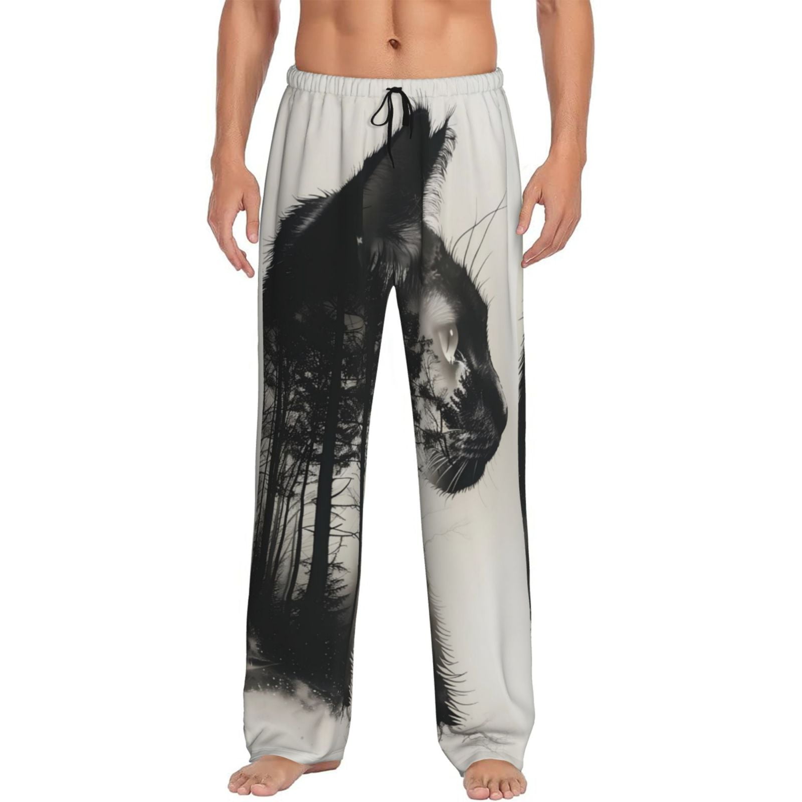 Pofeuu Double Exposure Cat Forest Print Men's Pajama Pants, Soft Lounge ...
